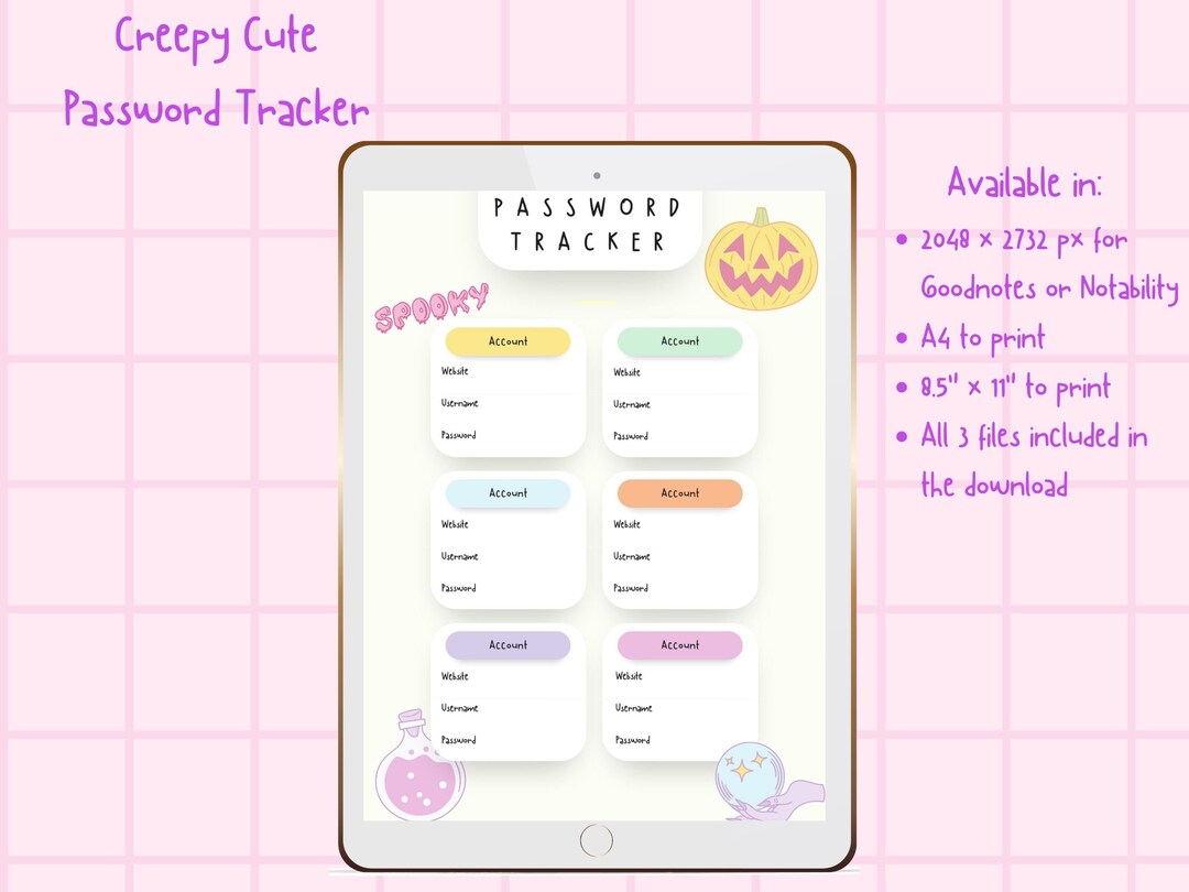 Creepy Cute Aesthetic Password Tracker for Goodnotes, Notability, A4 ...