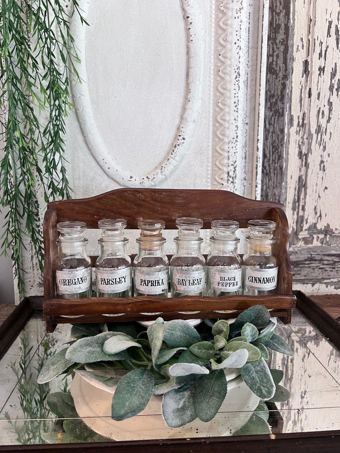 Vintage Spice Rack With Glass Bottle With Stoppers - Etsy