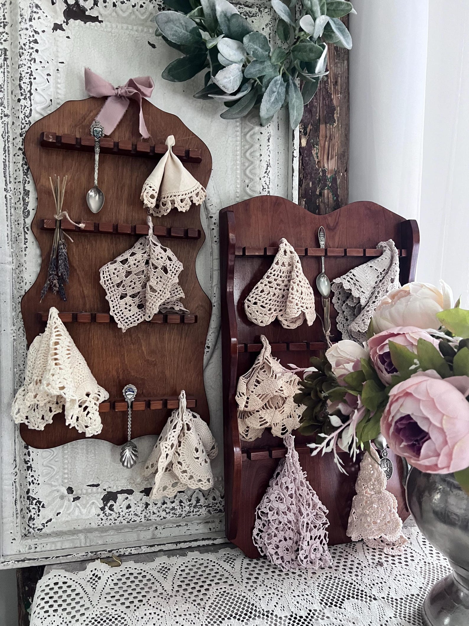 Vintage Wooden Spoon Rack With Hand Knitted Doilies - Etsy