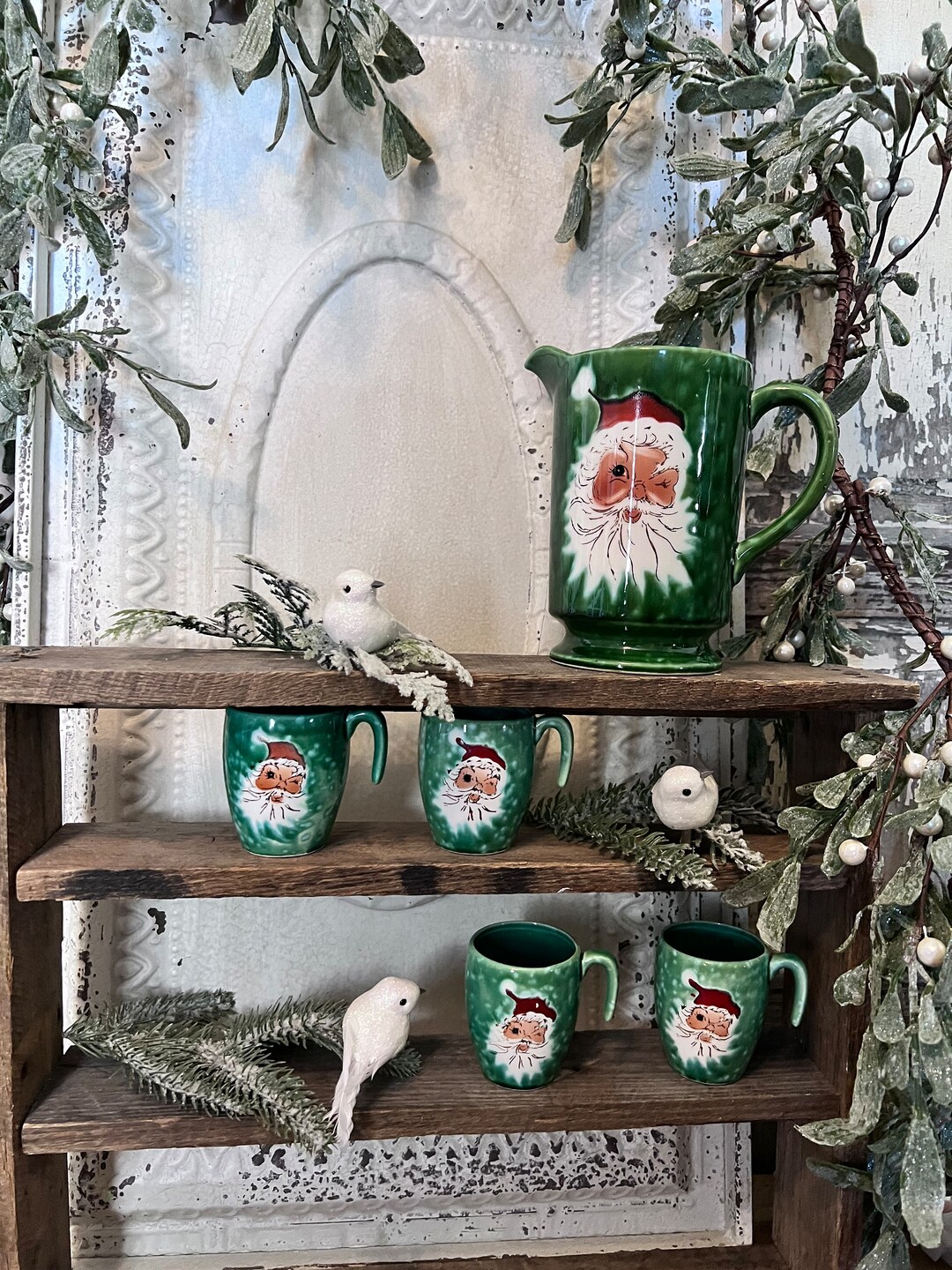 Vintage Santa Pitcher and Mugs Set - Etsy