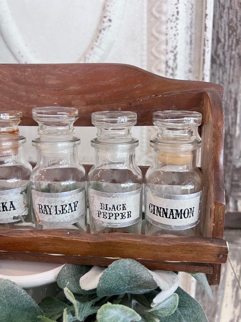 Vintage Spice Rack With Glass Bottle With Stoppers - Etsy