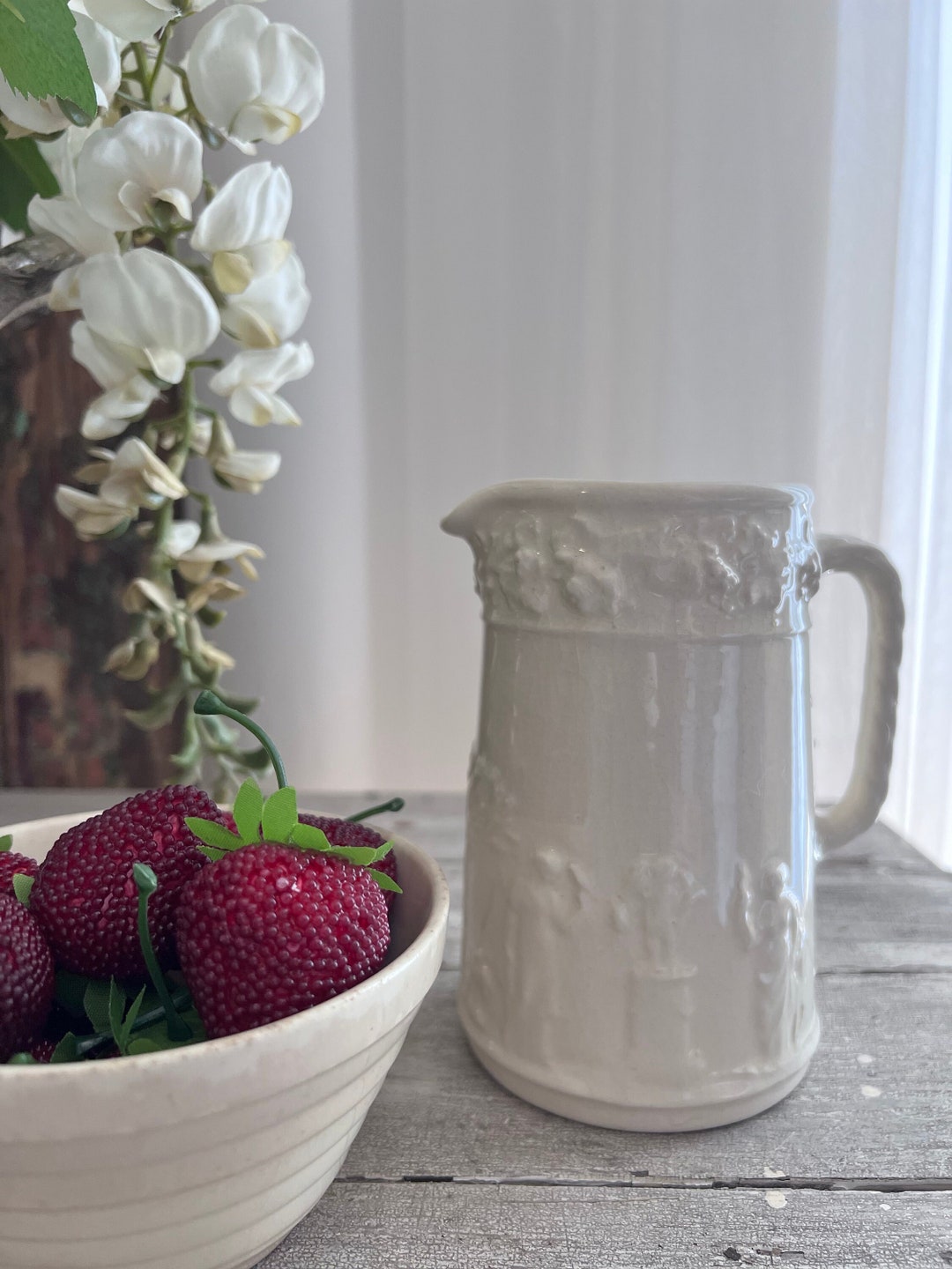 Vintage White Embossed Milk Pitcher - Etsy