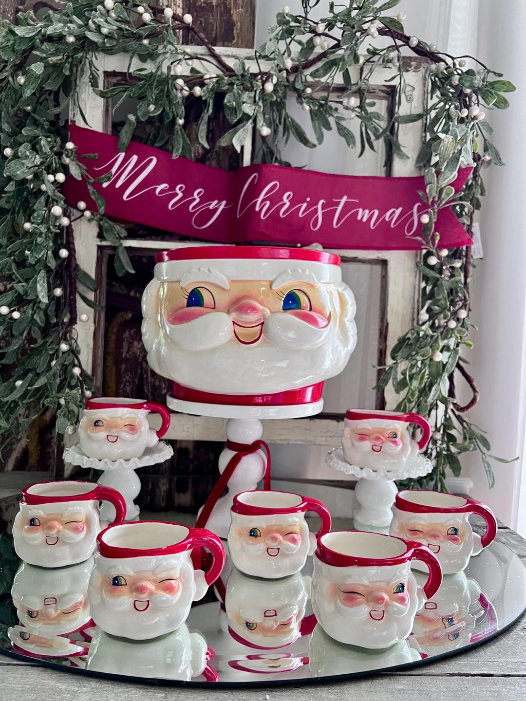 Vintage RARE Holt Howard Santa Punch Bowl With 7 Mugs - Etsy
