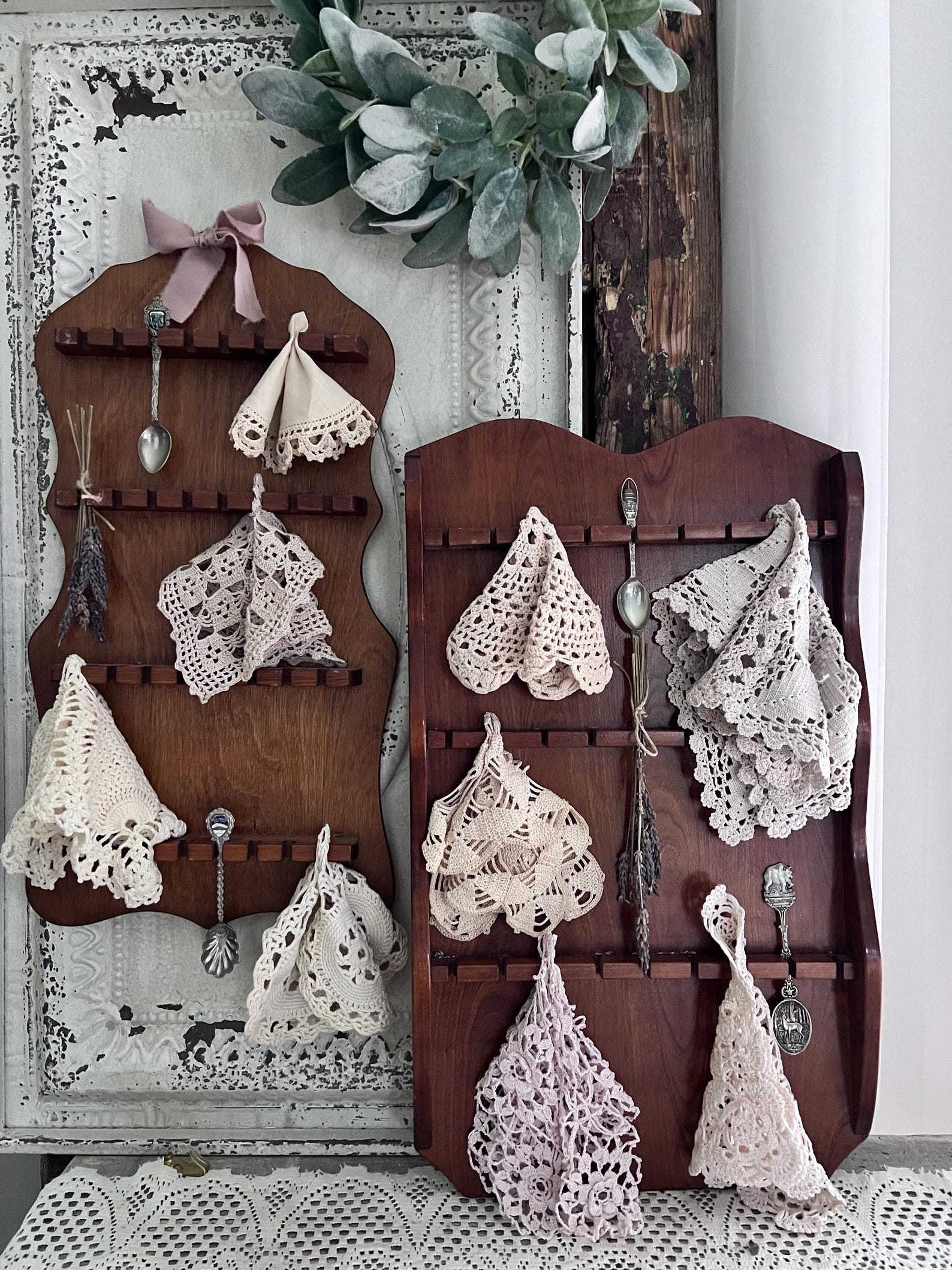 Vintage Wooden Spoon Rack With Hand Knitted Doilies - Etsy