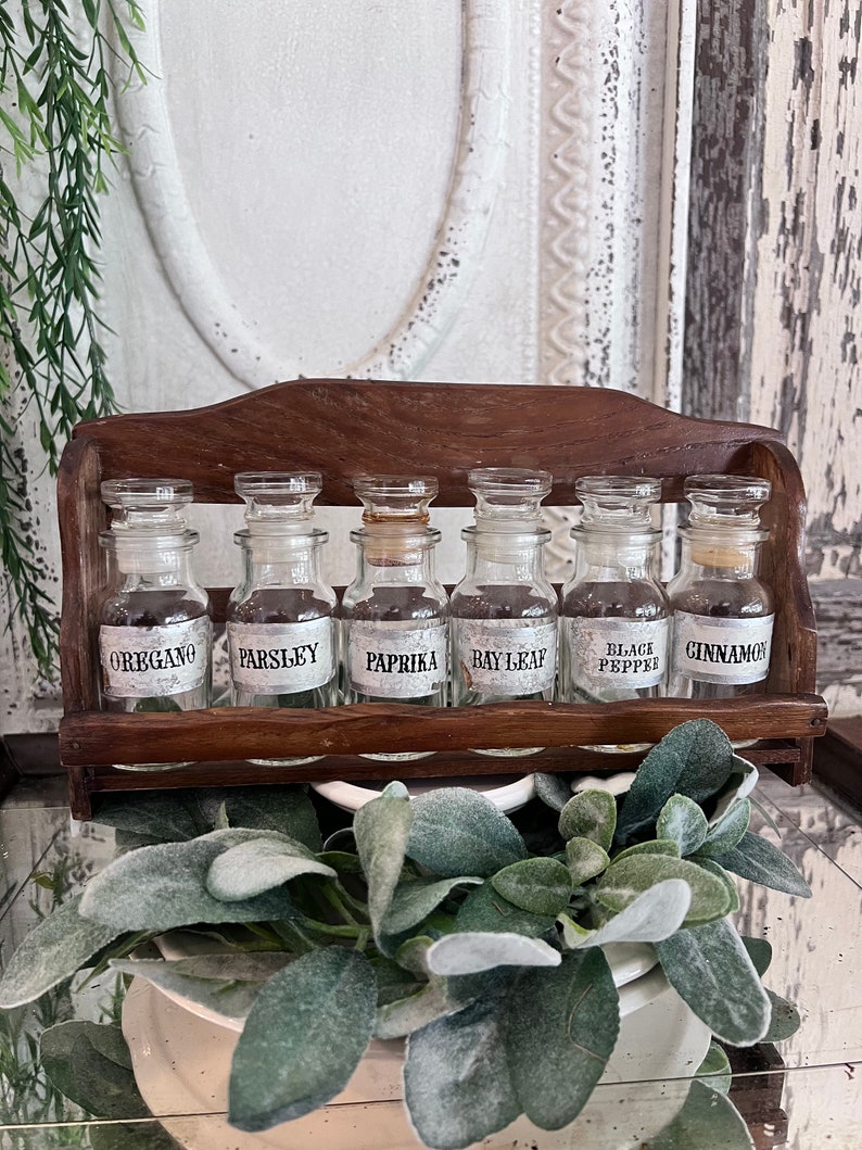Vintage Spice Rack With Glass Bottle With Stoppers - Etsy