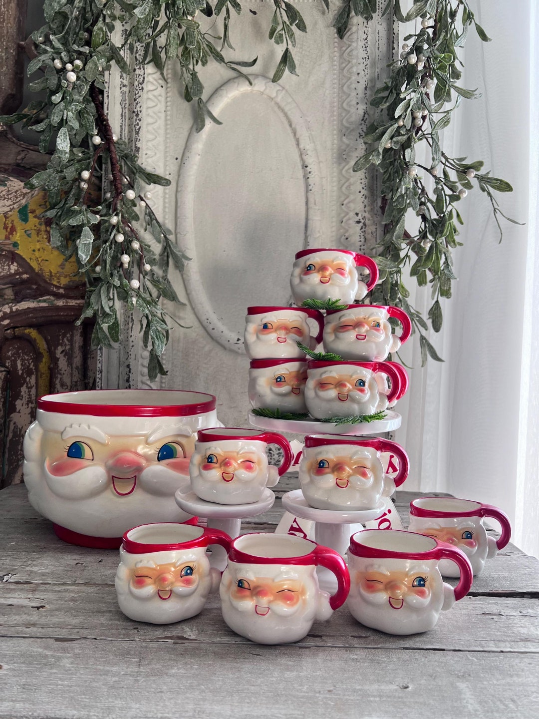 Vintage RARE Holt Howard Santa Punch Bowl With 12 Mugs - Etsy