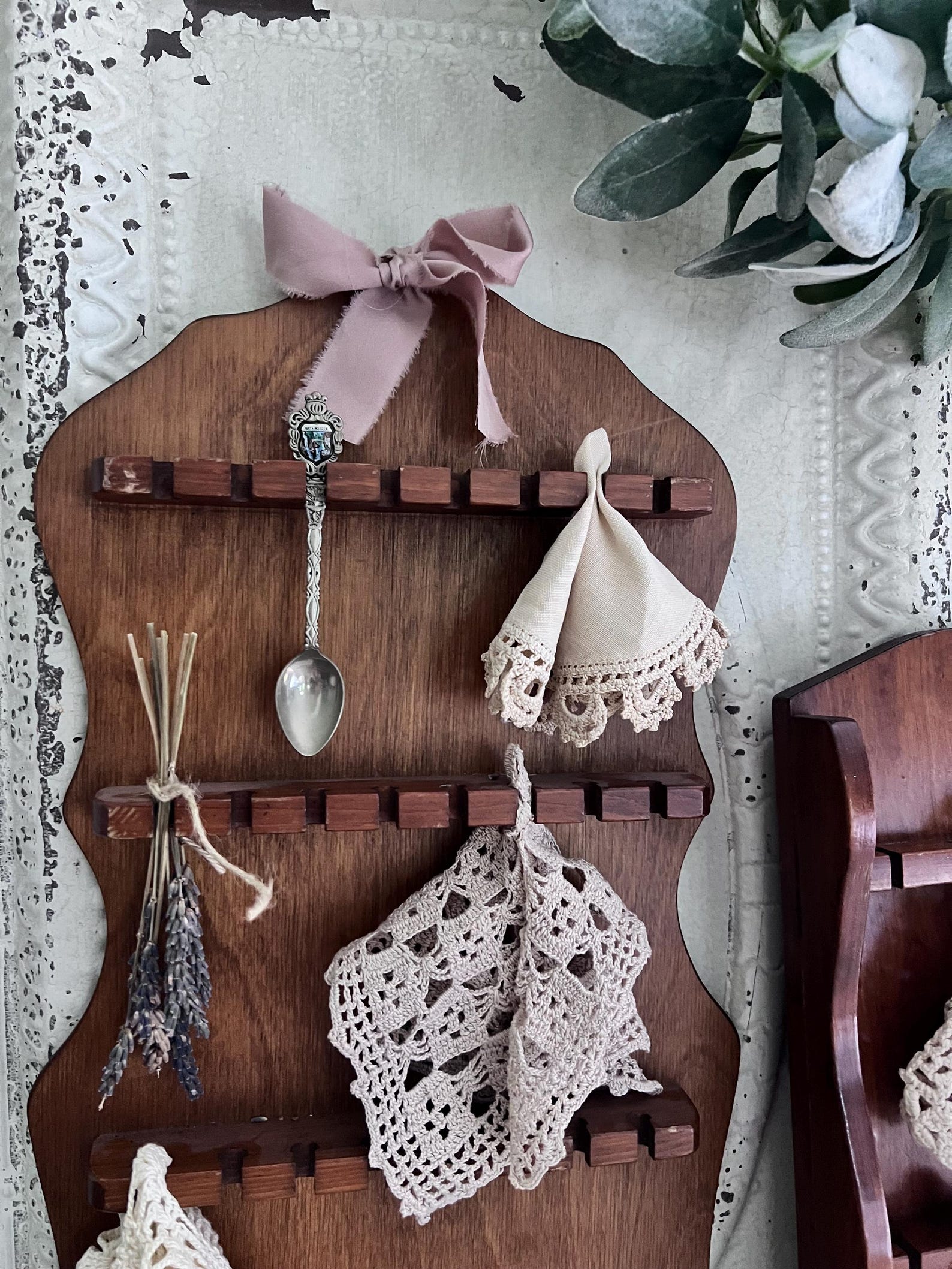 Vintage Wooden Spoon Rack With Hand Knitted Doilies - Etsy