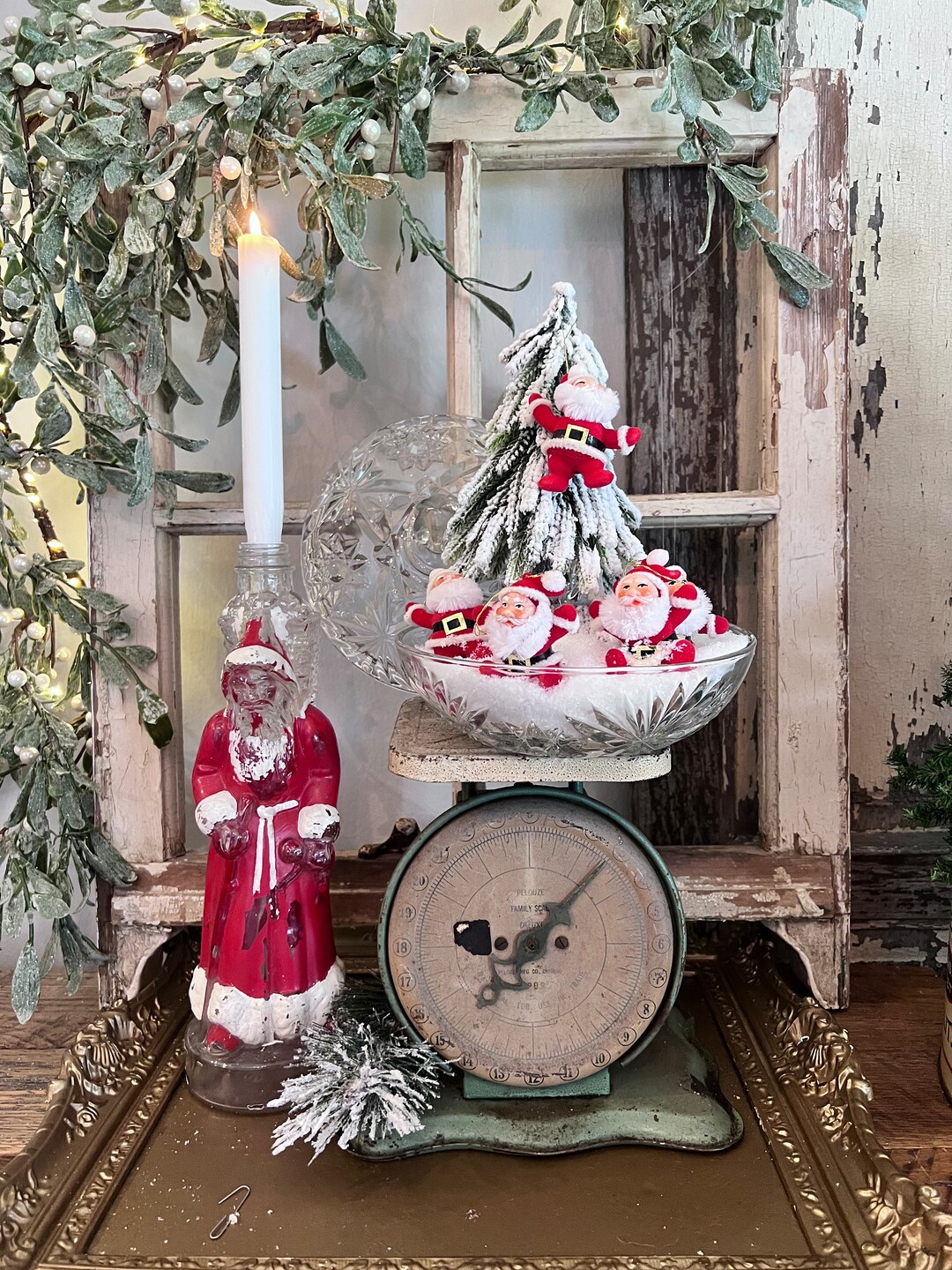 Vintage Flocked Santa Claus Display With Lidded Bowl and Snow. - Etsy