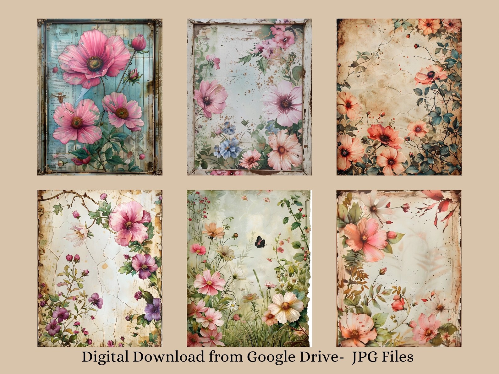 Shabby Chic Floral Junk Journal Pages, Printable Vintage Flower Digital ...