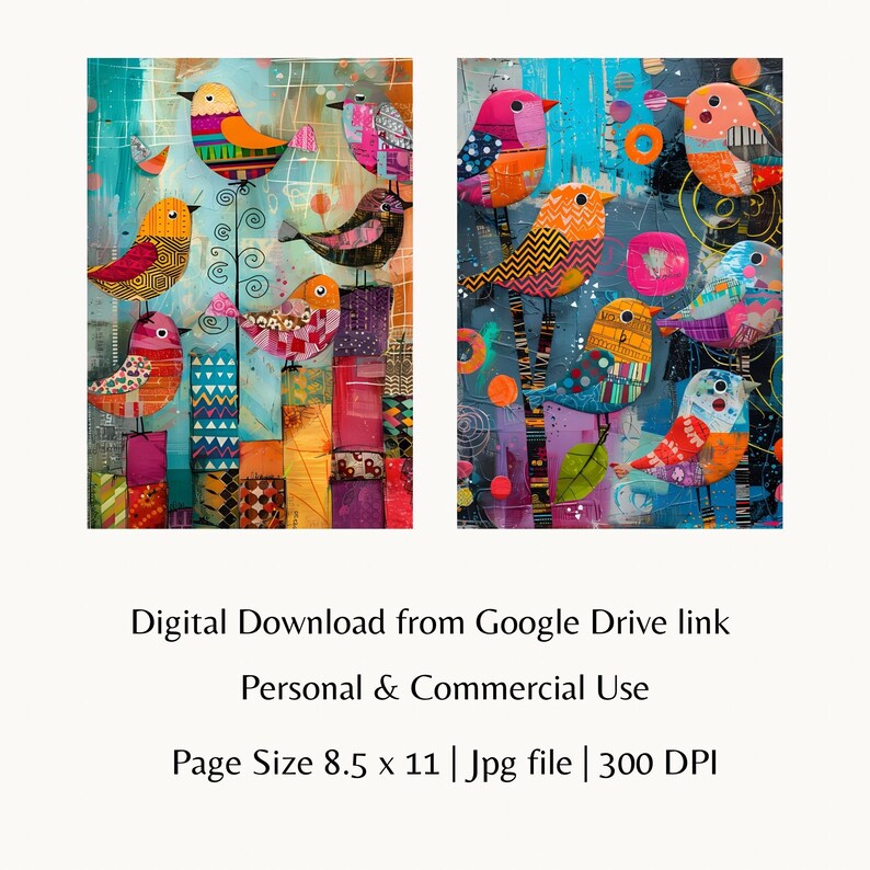 Abstract Birds Art, Printable Junk Journal Pages, Digital Download, 8.5 ...