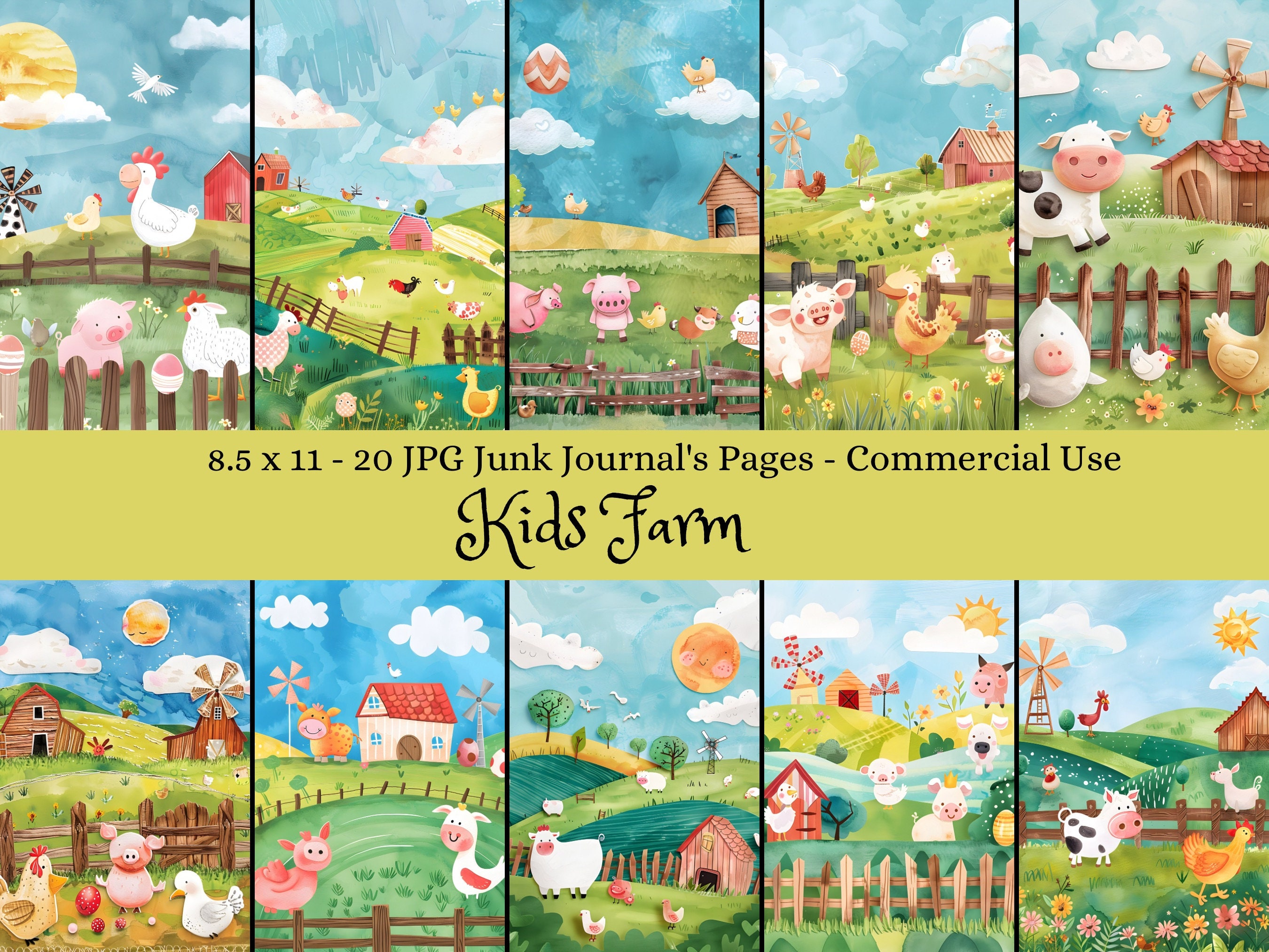 Kids Farm Digital Papers, Cute Animal Printables, Junk Journal Pages ...