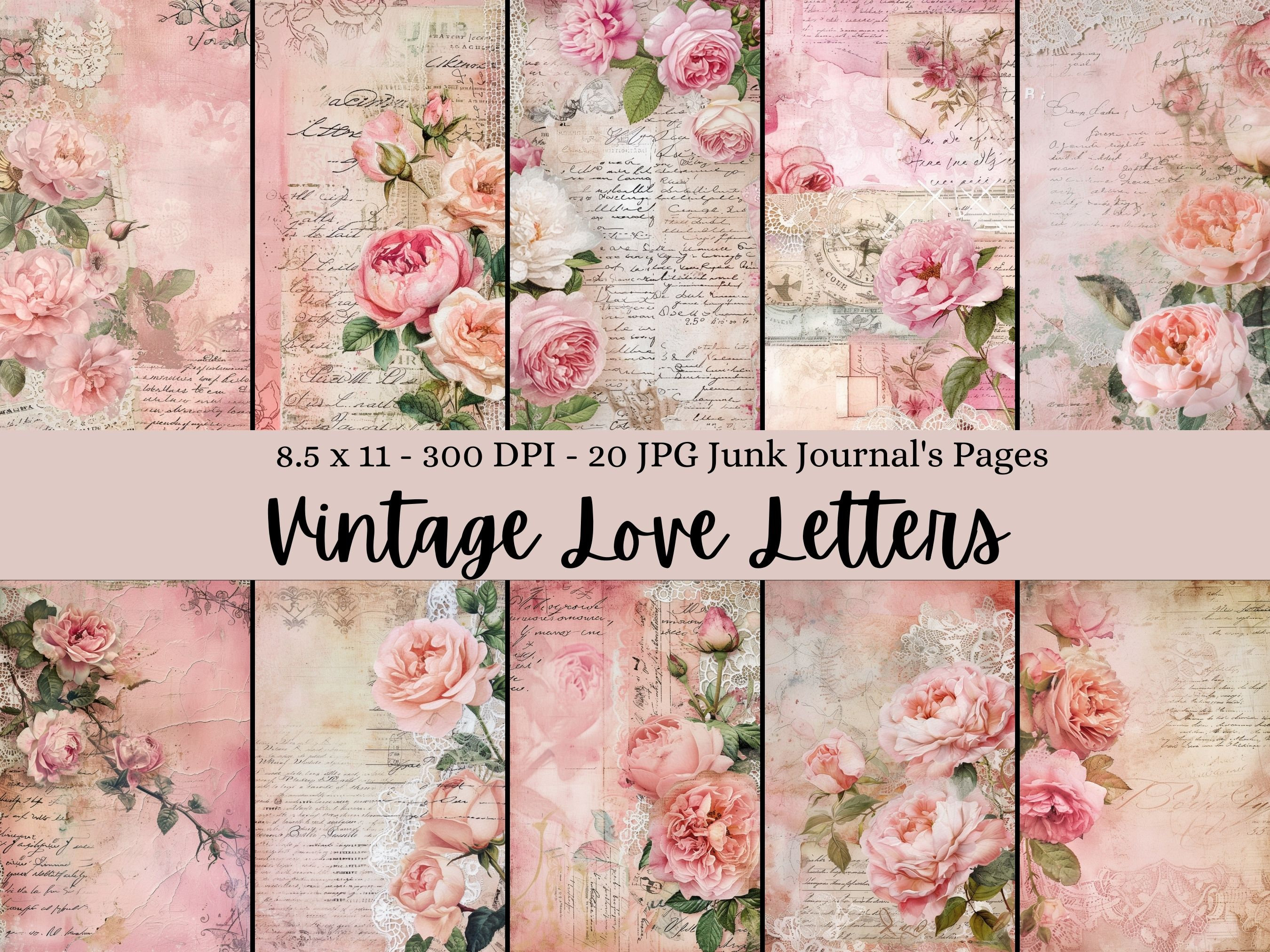 Vintage Love Letters Digital Paper, Floral Junk Journal Pages, 8.5x11 ...