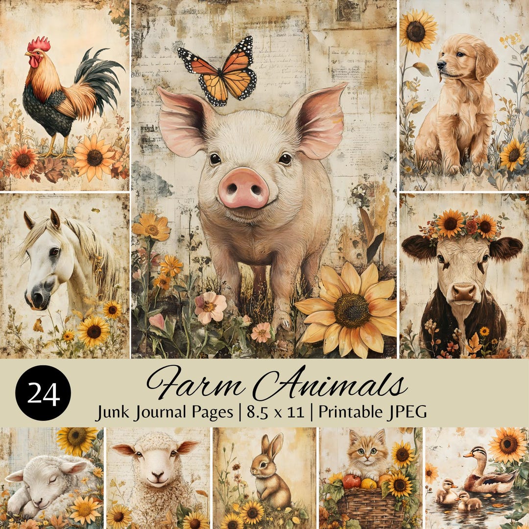 Farm Animals Junk Journal Pages, 8.5 X 11 Printable JPEG, Farm Animal ...