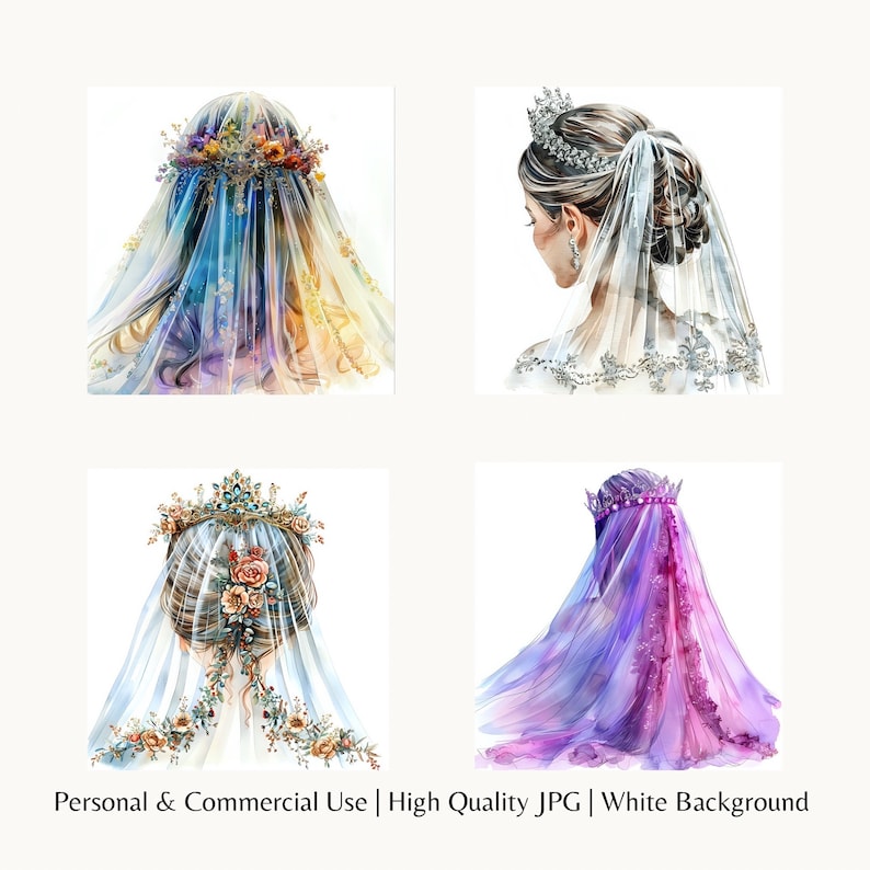 Bridal Veil and Tiara Watercolor Clipart, Wedding Day Illustration, JPG ...