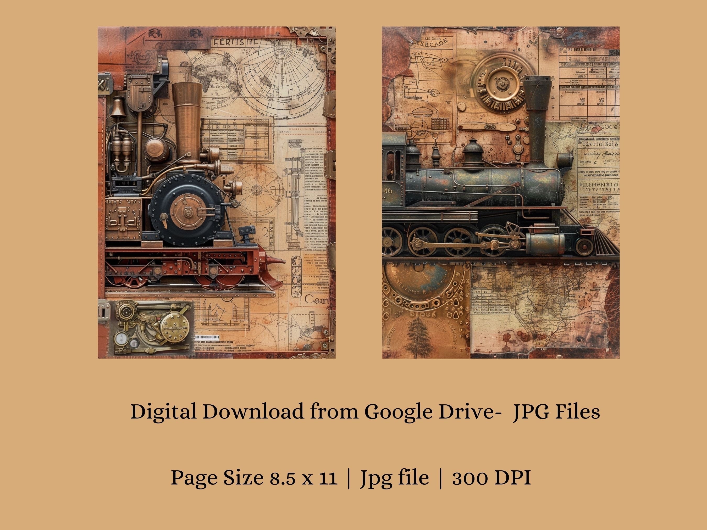 Steampunk Trains Digital Collage Sheets, Vintage Locomotive Printable ...