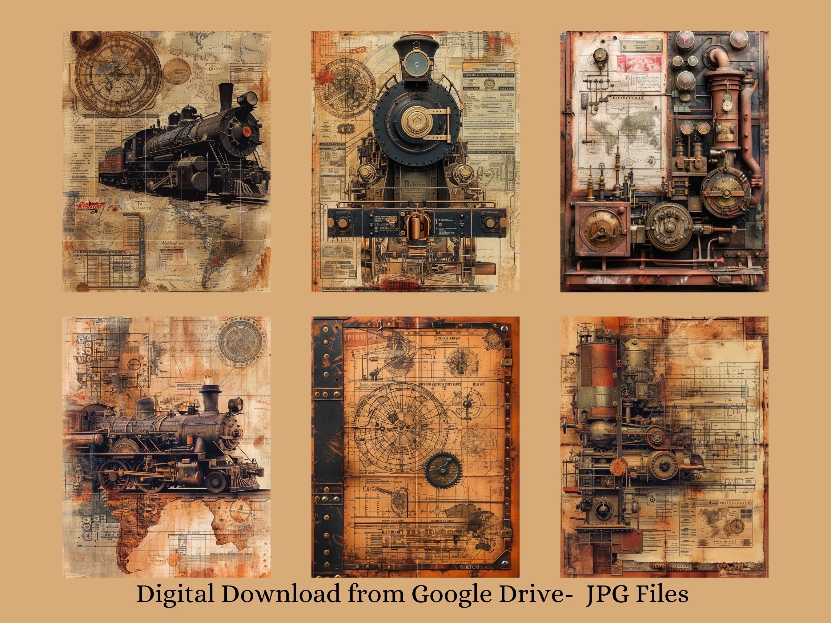 Steampunk Trains Digital Collage Sheets, Vintage Locomotive Printable ...