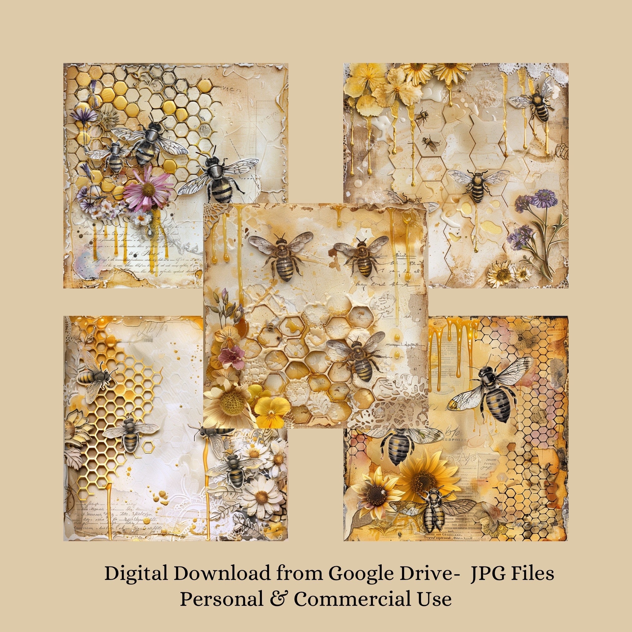 Vintage Bee Digital Paper, Honeycomb Scrapbook Background, 12x12 ...