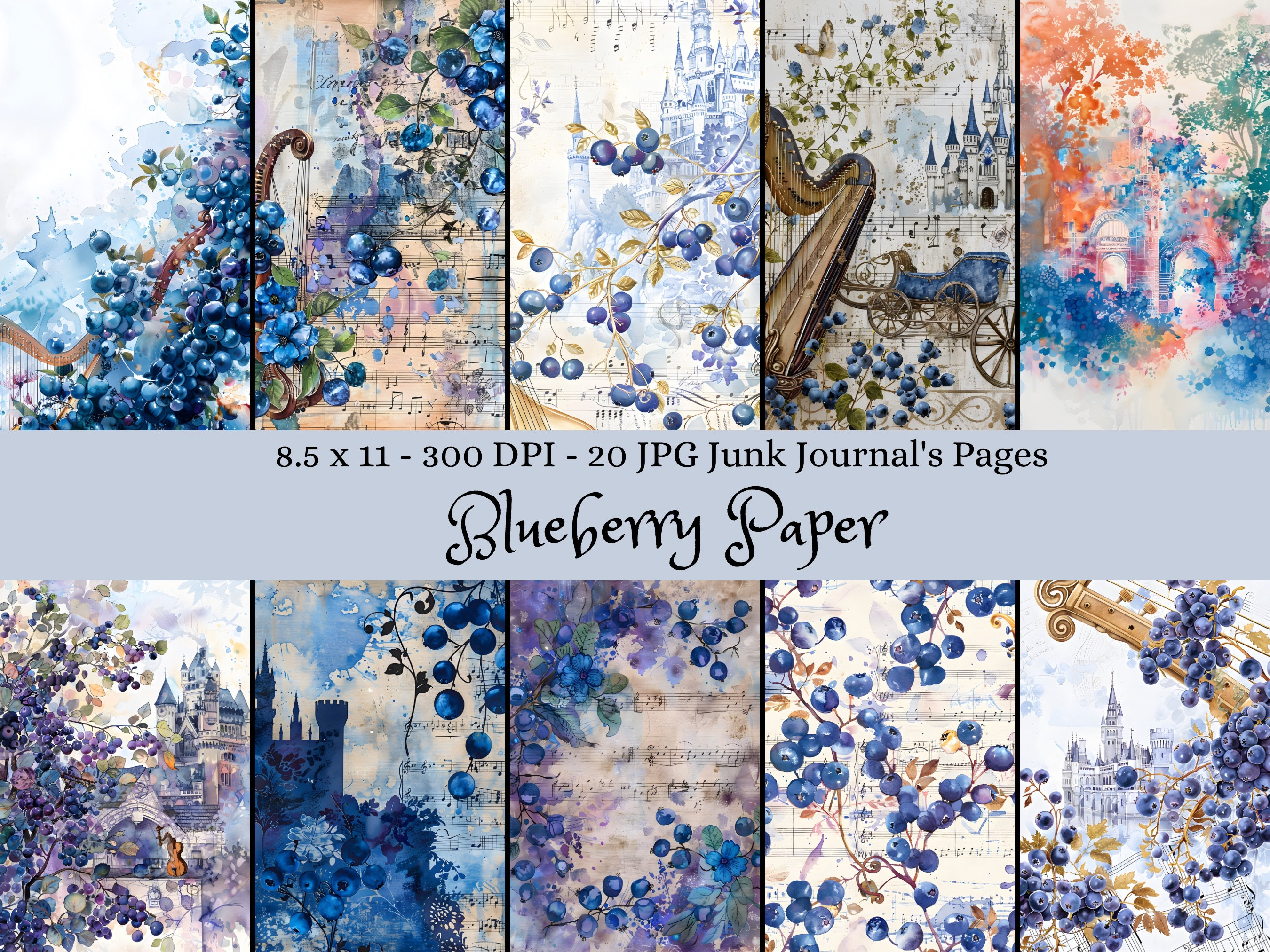 Blueberry Paper Pack, Printable Junk Journal Pages, Watercolor Digital ...
