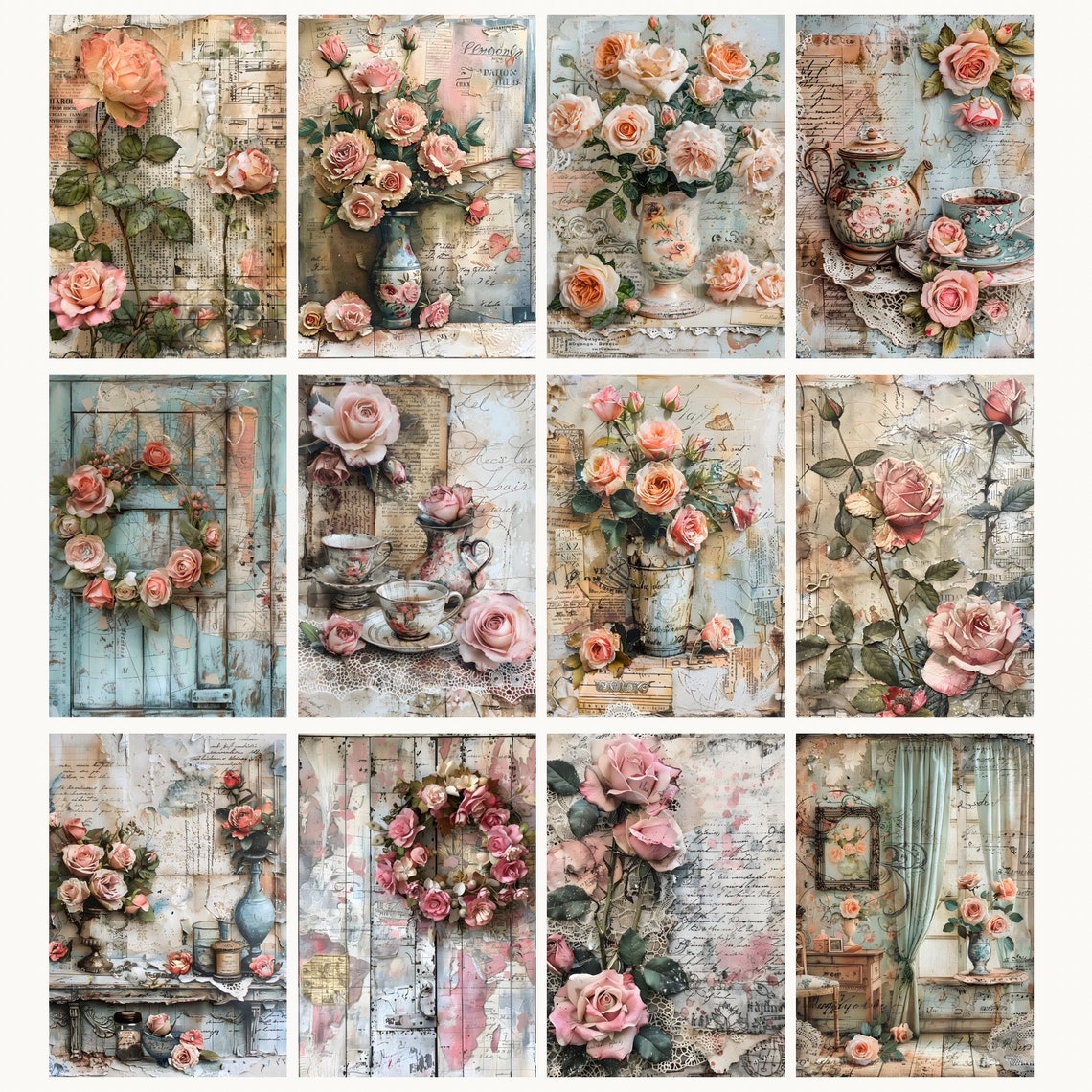 Vintage Shabby Roses Junk Journal Pages, Digital Download, 24 Printable ...