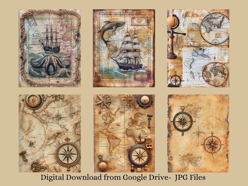 Vintage Maps Digital Paper, Antique Nautical Map Printables, Old World ...