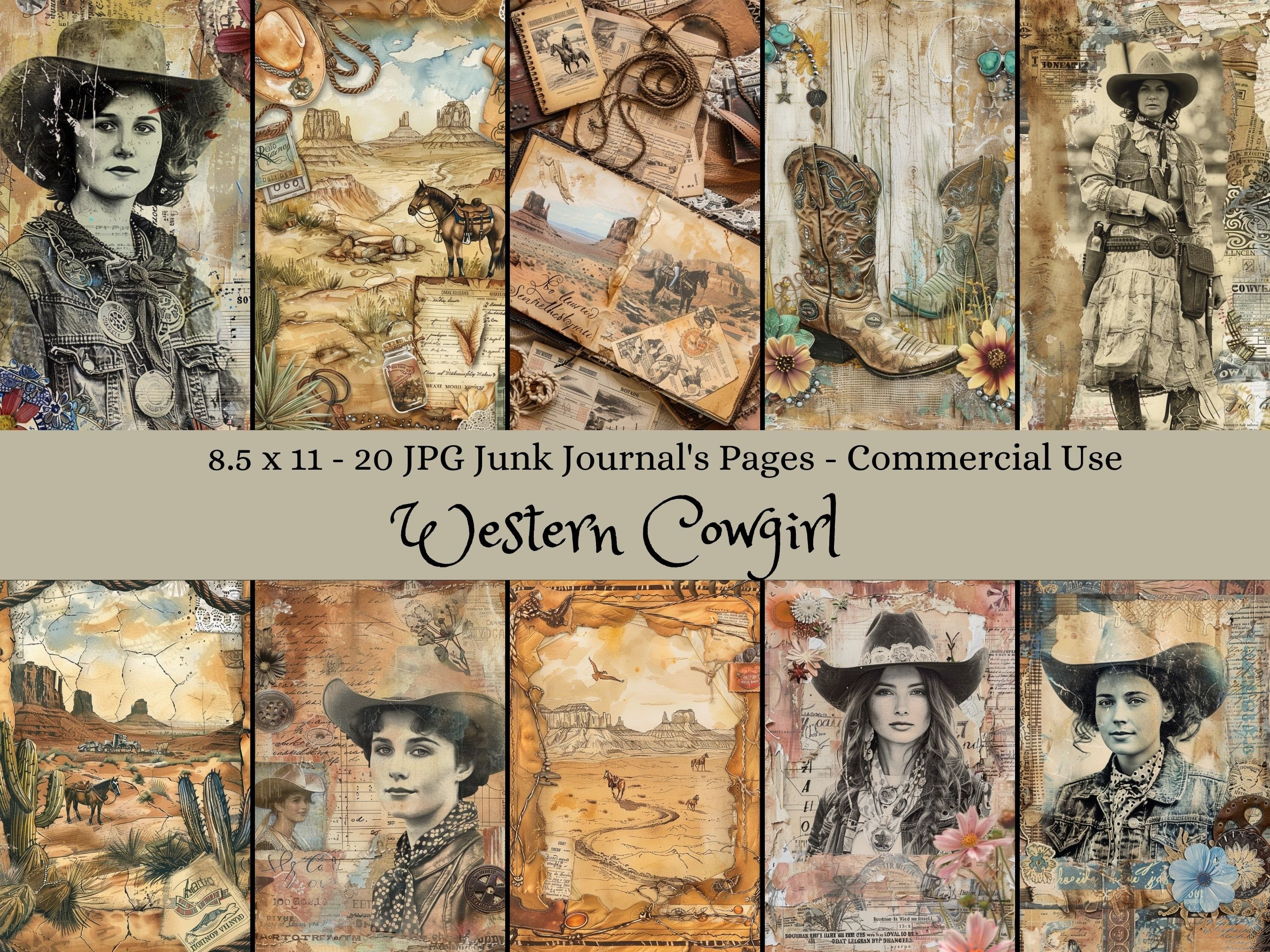 Vintage Western Cowgirl Digital Journal Pages, 8.5x11 Inch Collage ...
