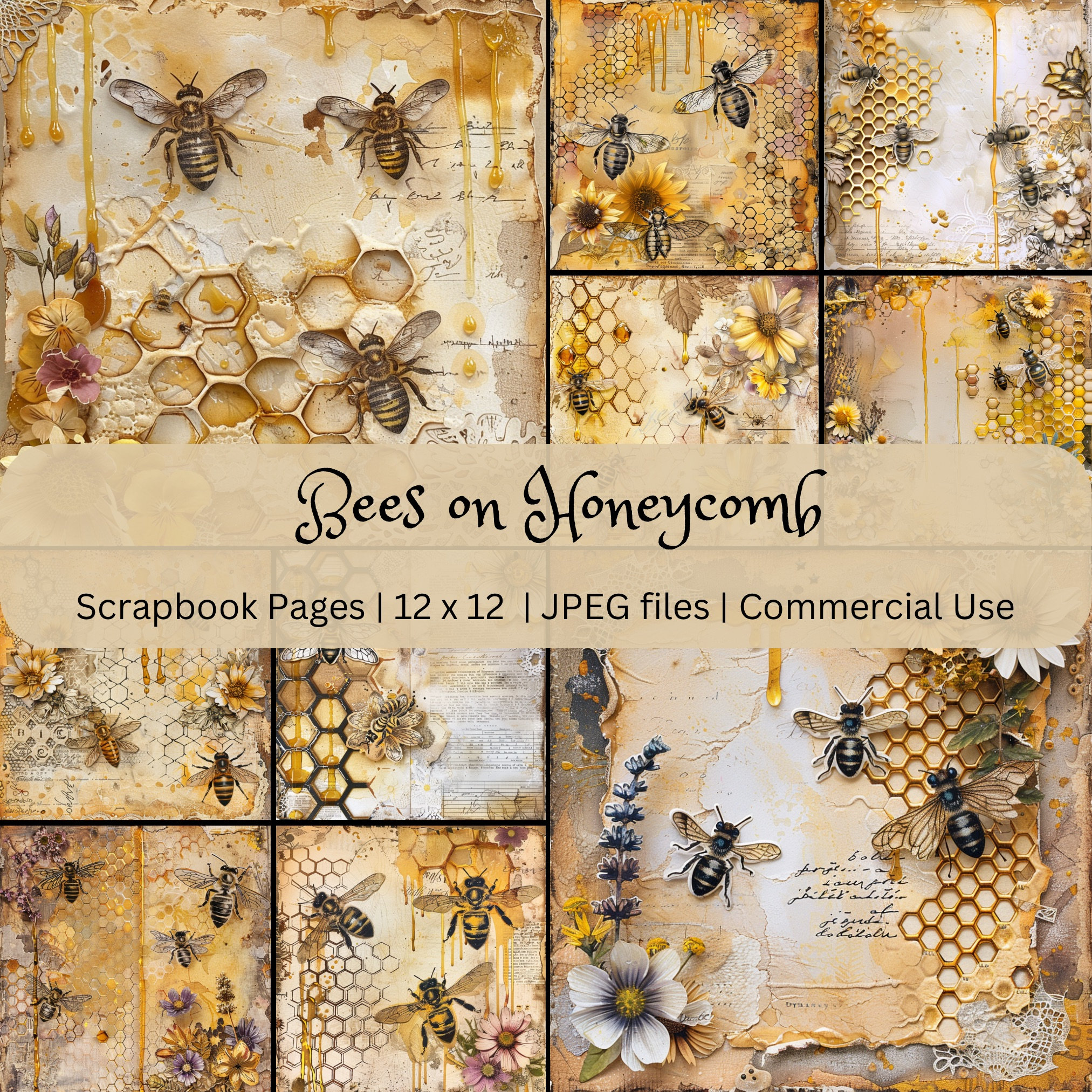 Vintage Bee Digital Paper, Honeycomb Scrapbook Background, 12x12 ...