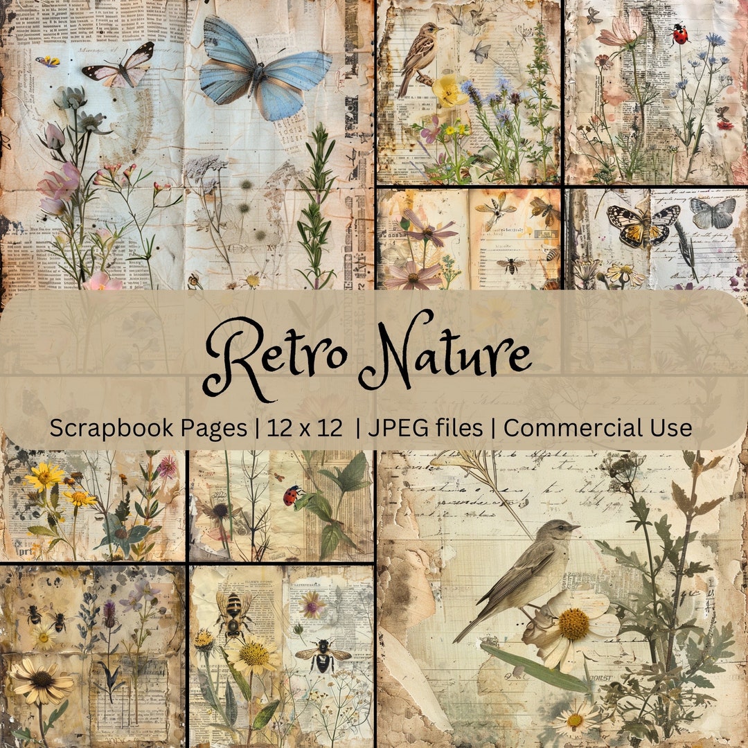 Vintage Botanical Digital Paper Pack, Retro Nature Scrapbook Pages ...