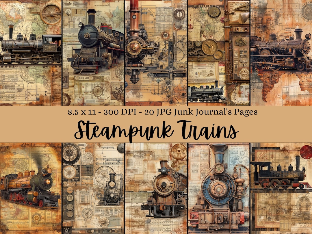 Steampunk Trains Digital Collage Sheets, Vintage Locomotive Printable ...