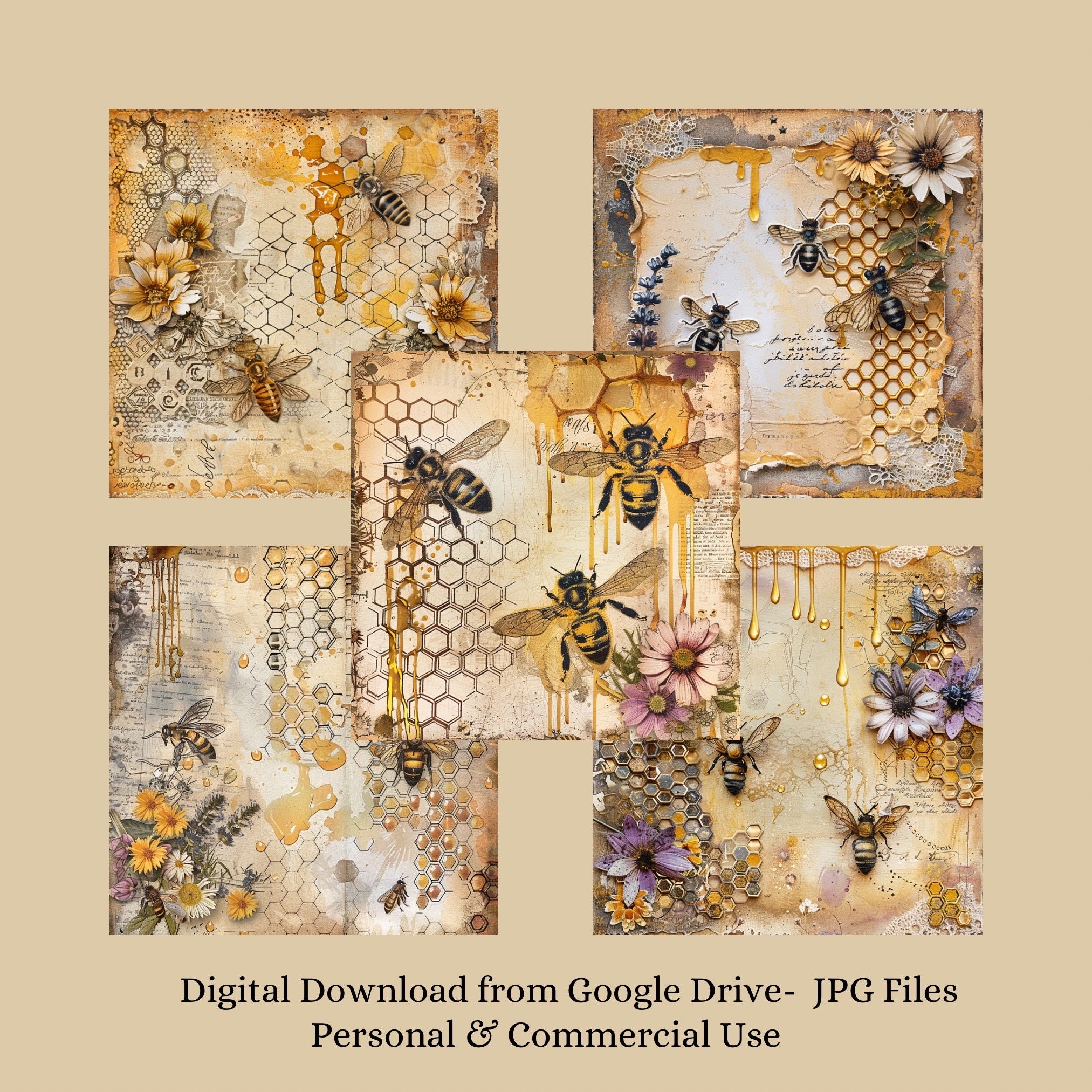 Vintage Bee Digital Paper, Honeycomb Scrapbook Background, 12x12 ...