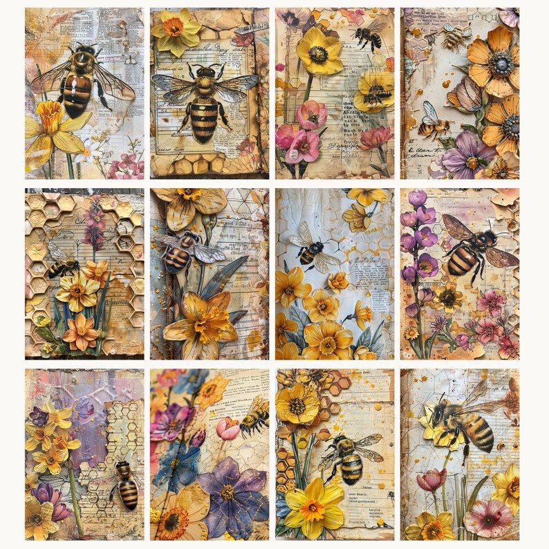 Spring Honey Bee Junk Journal Pages, Printable Vintage Bee Theme, 8 ...