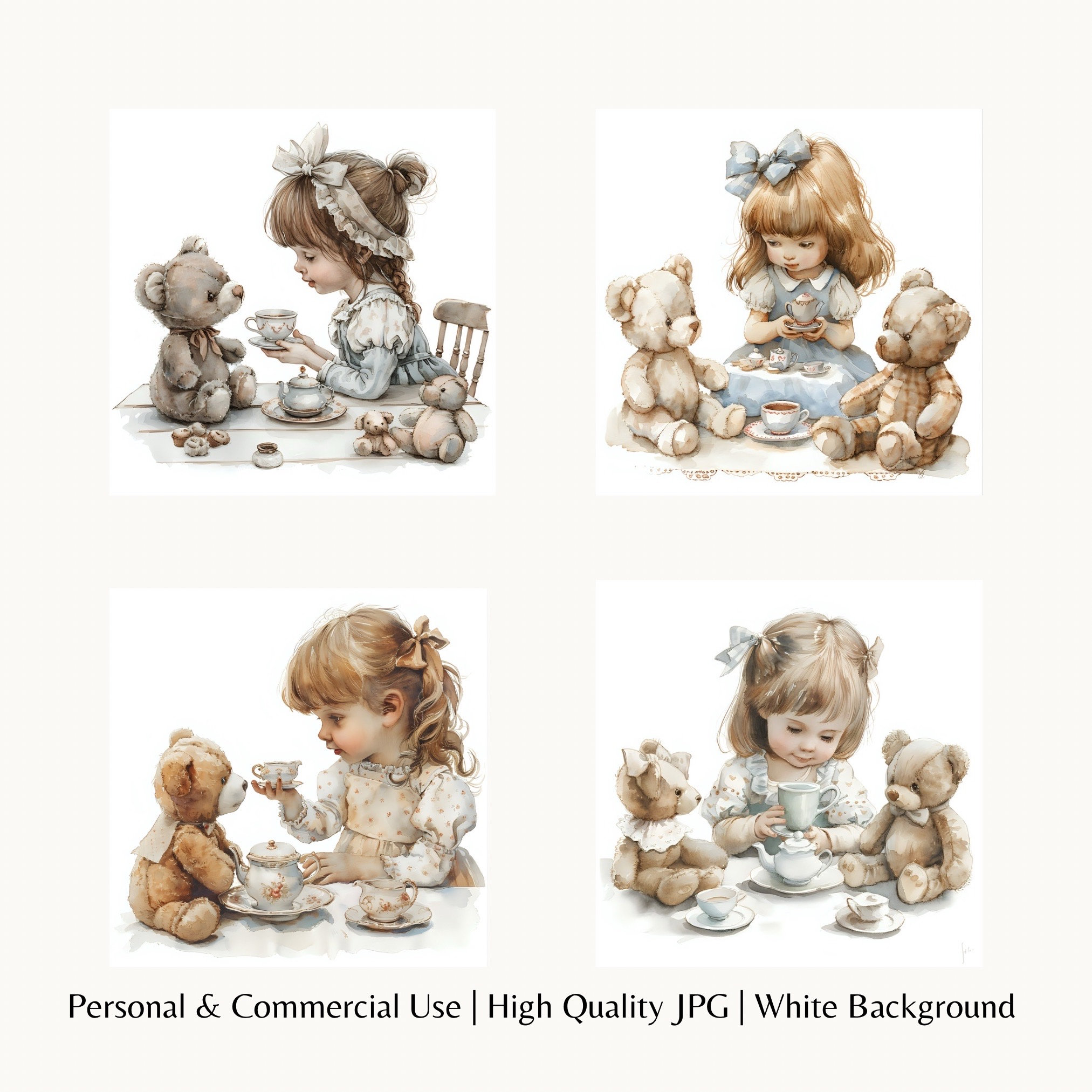 Watercolor Victorian Girl and Teddy Bear Tea Party Clipart,vintage ...