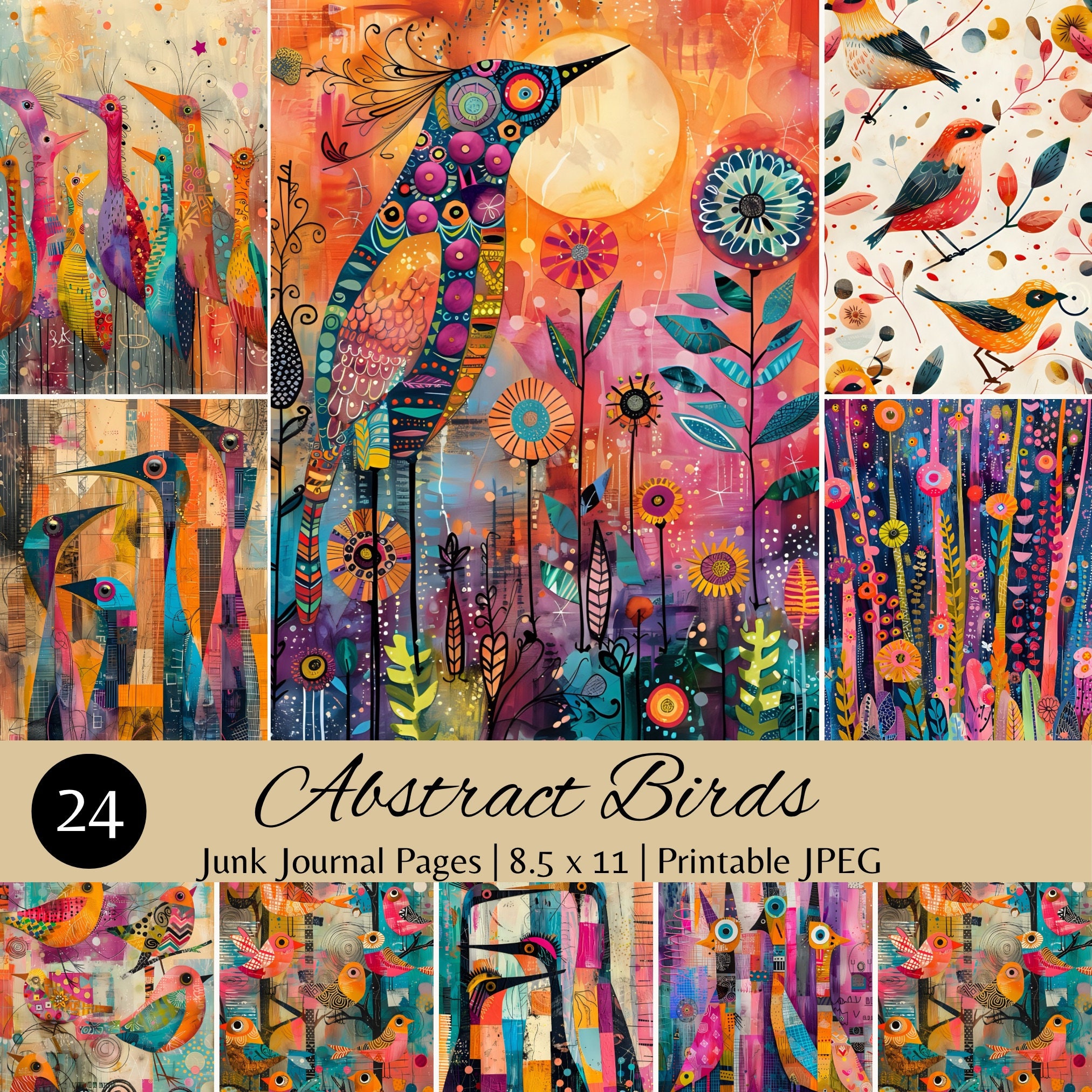 Abstract Birds Art, Printable Junk Journal Pages, Digital Download, 8.5 ...