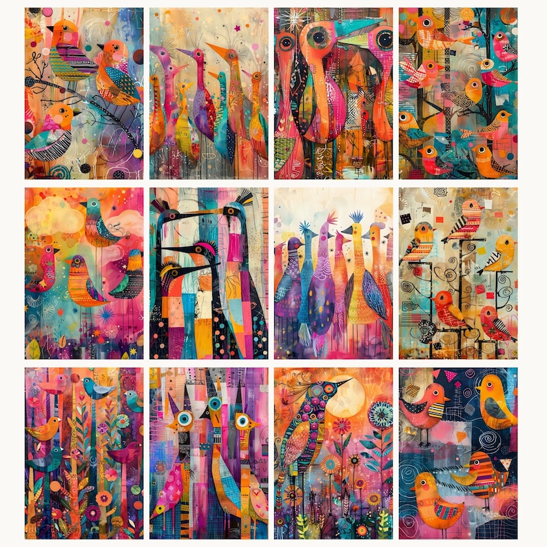 Abstract Birds Art, Printable Junk Journal Pages, Digital Download, 8.5 ...