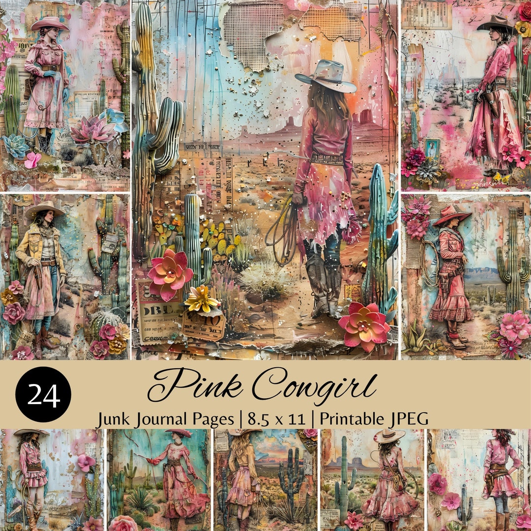 Printable Pink Cowgirl Digital Collage, Western Junk Journal Pages ...