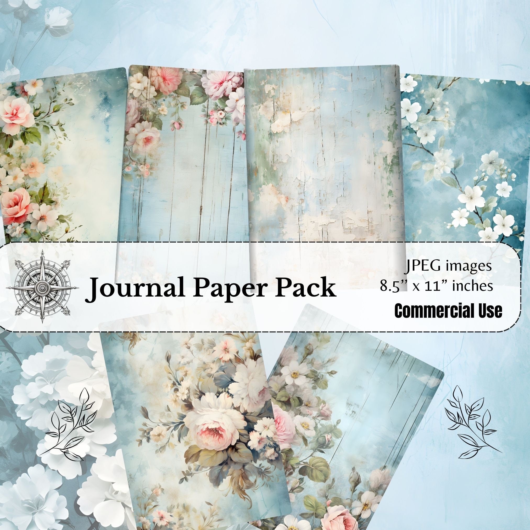 Shabby Chic Pastel Blue Floral Digital Papers, Junk Journal Vintage ...