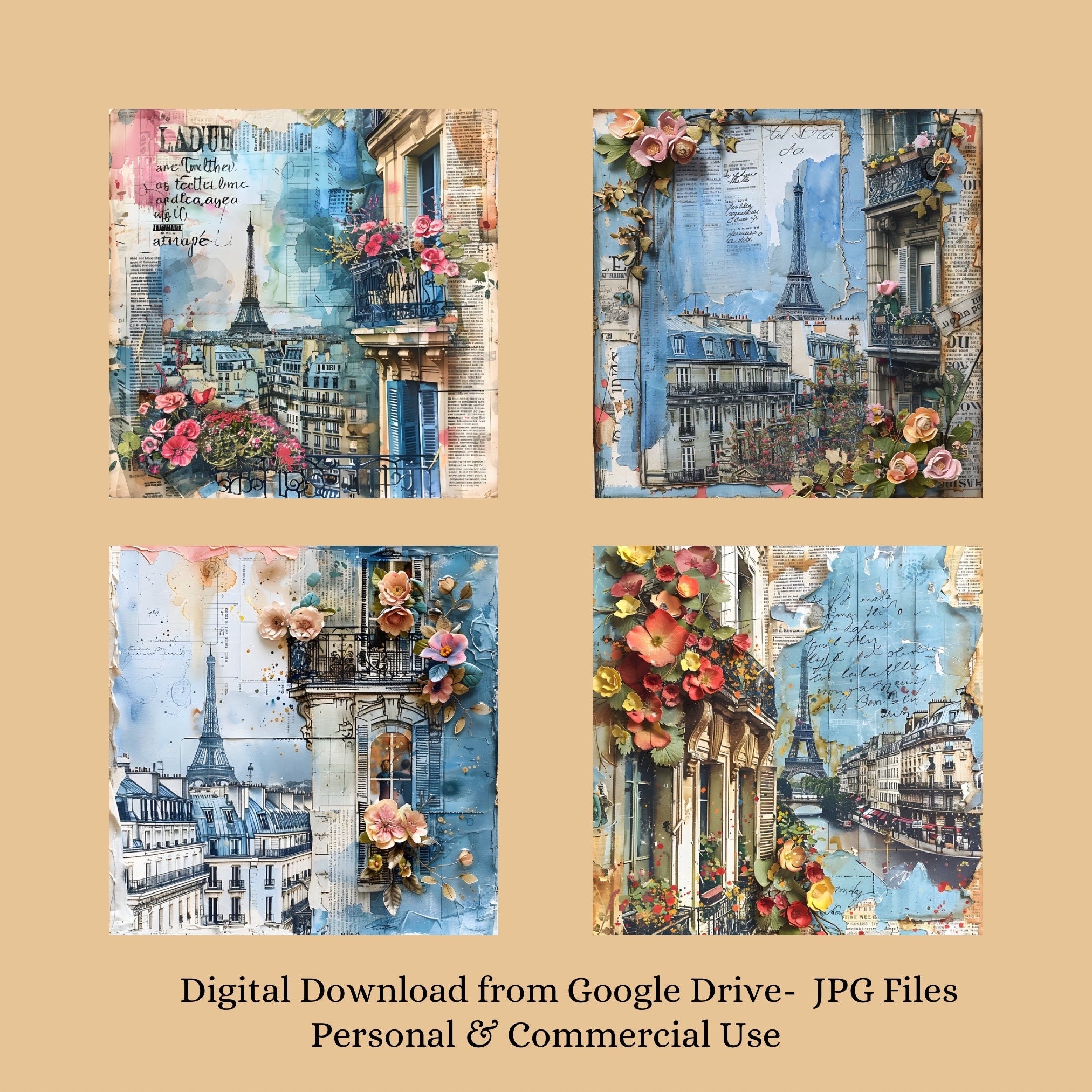Paris Scrapbook Pages Digital Download, 20 Parisian Vintage Art Prints ...