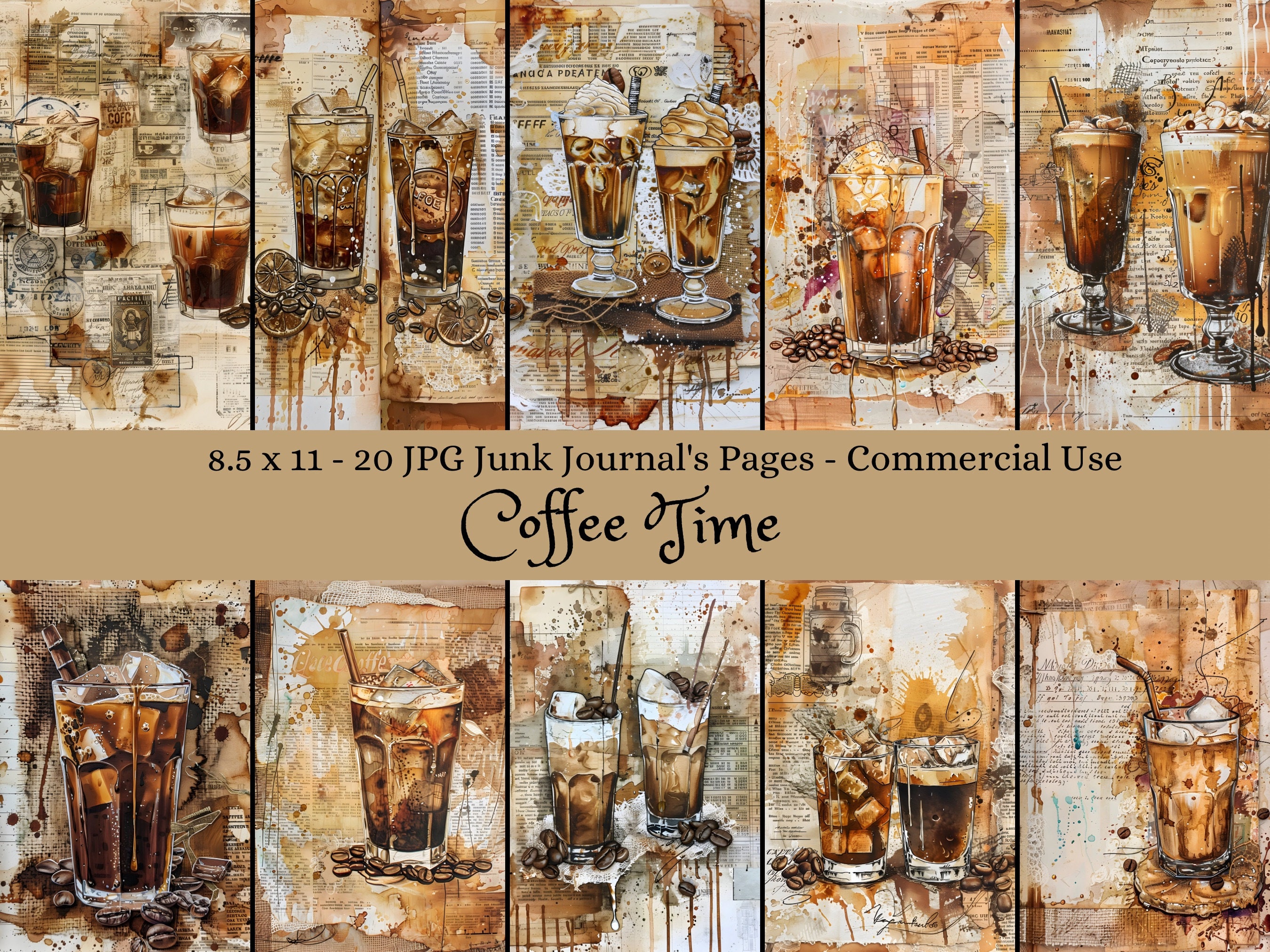Vintage Coffee Art Digital Paper Pack, Junk Journal Pages, Commercial ...