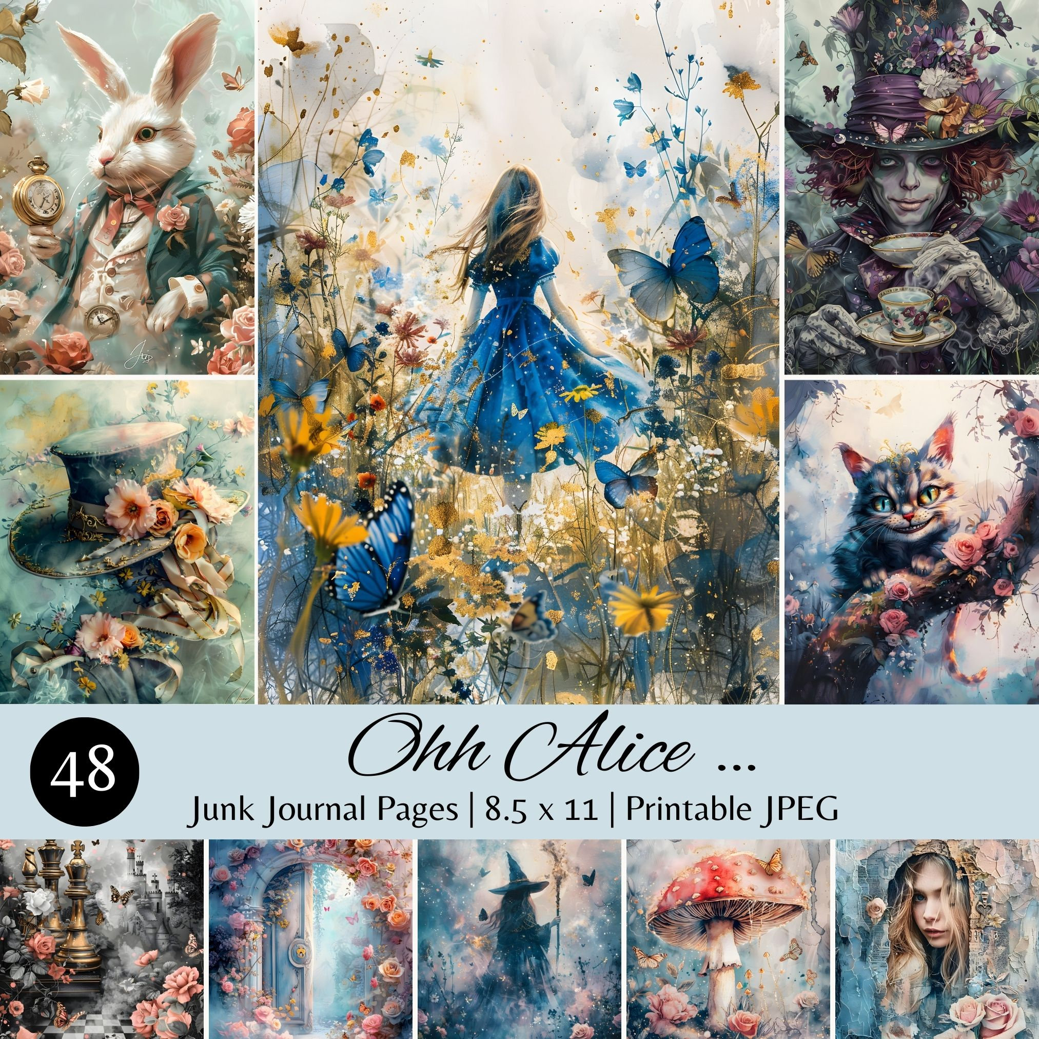 Whimsical Alice in Wonderland Printable Junk Journal Pages, 8.5 X 11 ...