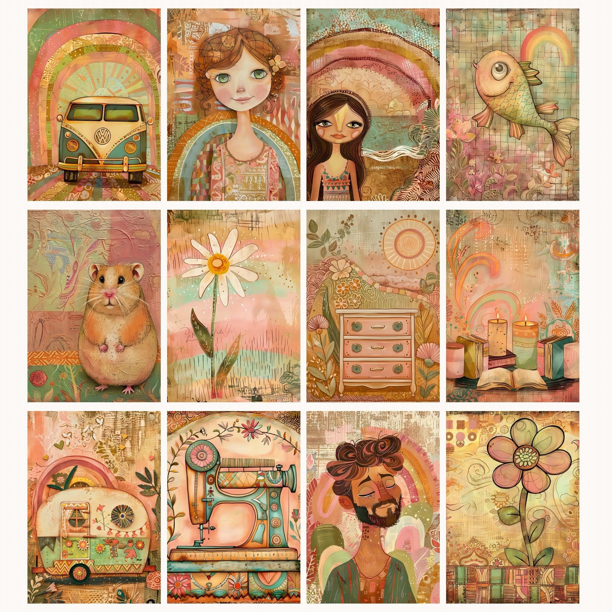 Vintage Hippie Boho Digital Papers, Junk Journal Printable, Peace Love ...