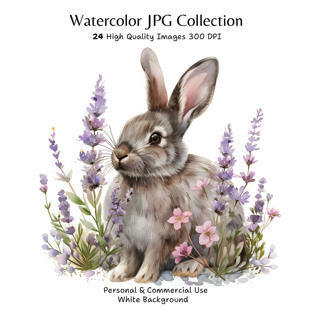 Cute Floral Bunny Clipart, Printable Watercolor Clipart, 12 High ...