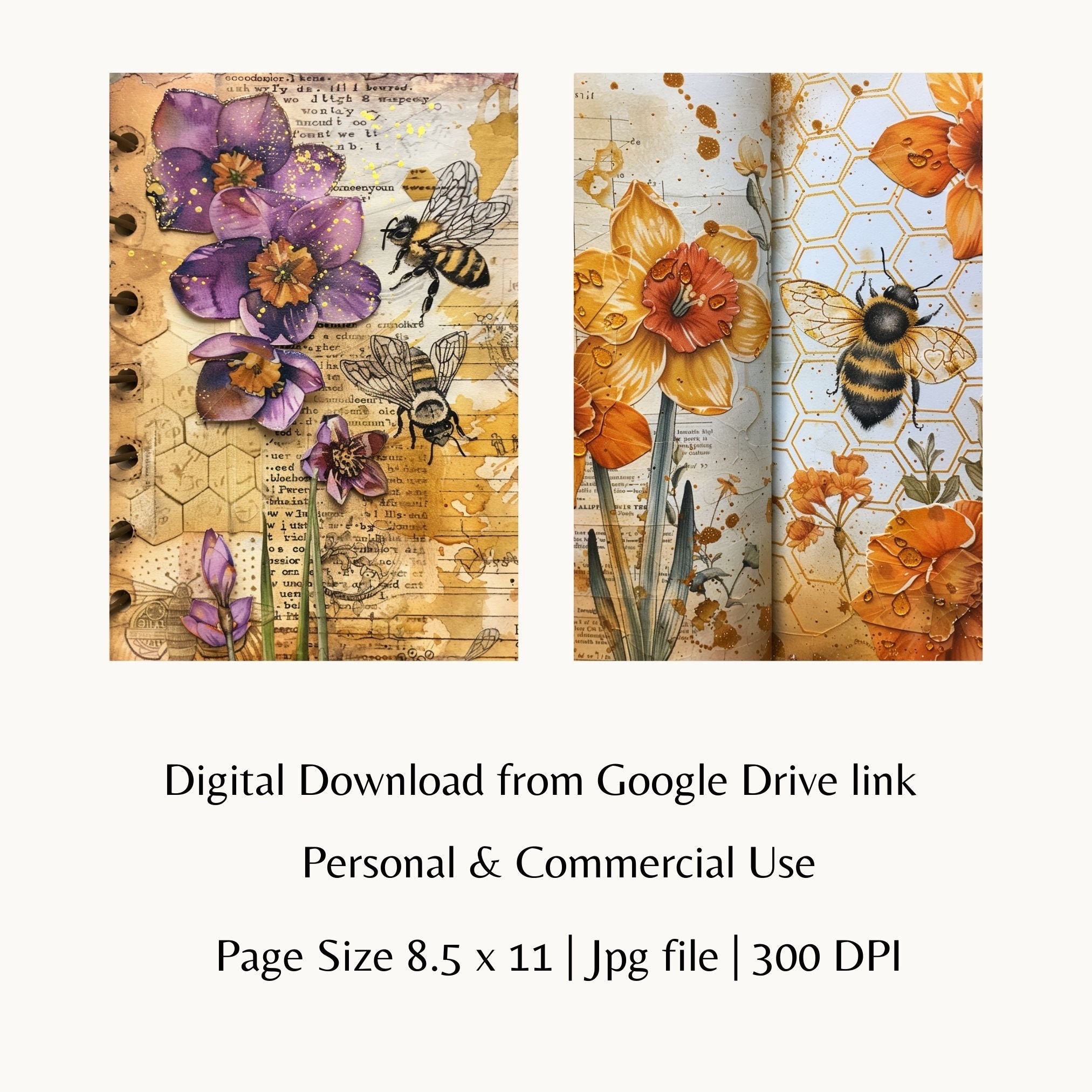 Spring Honey Bee Junk Journal Pages, Printable Vintage Bee Theme, 8 ...
