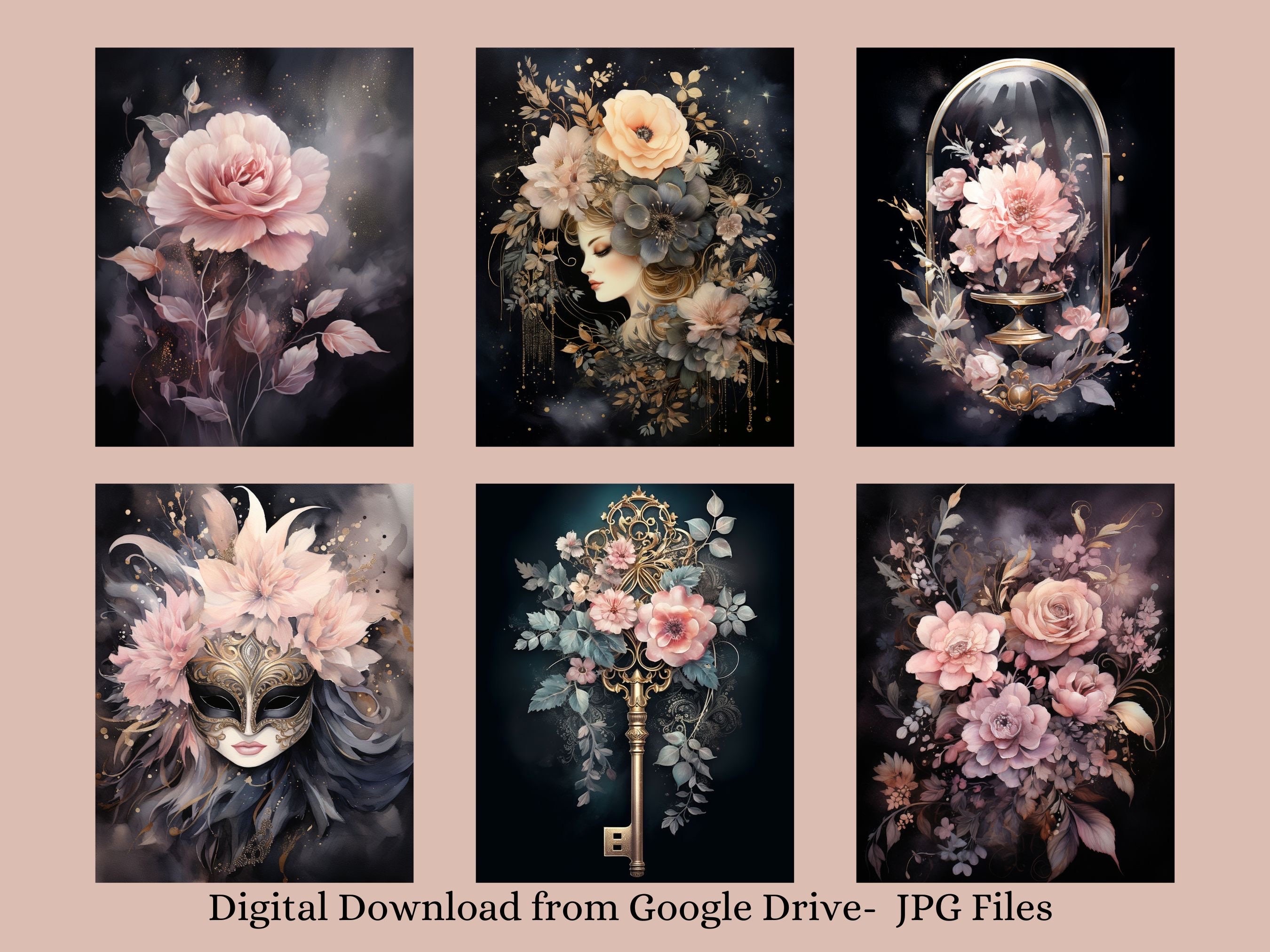 Black and Pink Digital Paper Pack, Floral Junk Journal Pages ...