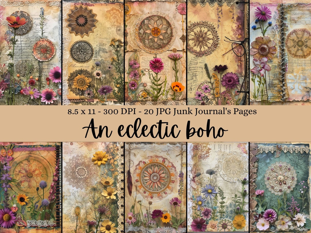 Boho Digital Journal Pages, Printable Vintage Junk Journal Kit, 8.5x11 ...