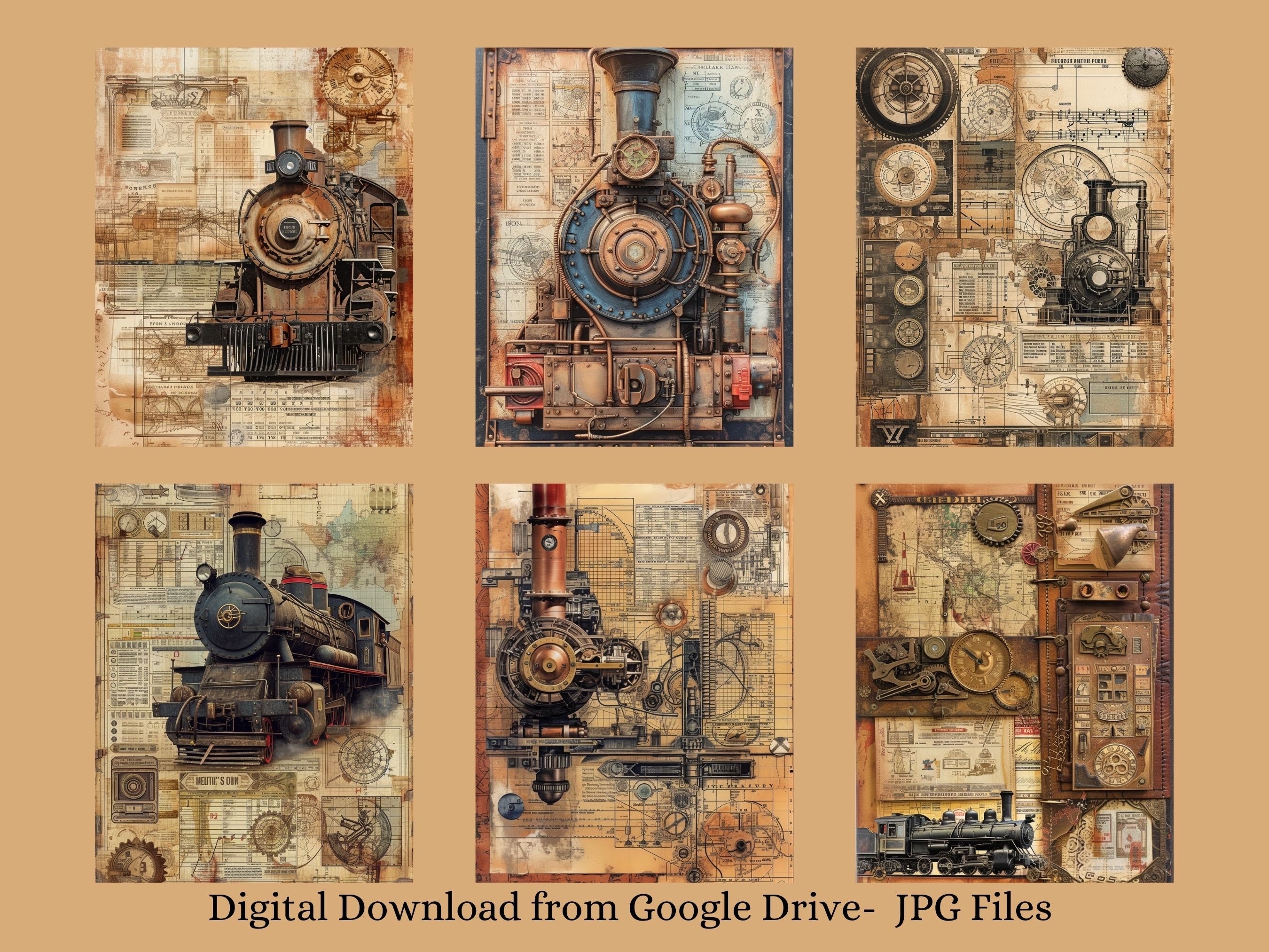 Steampunk Trains Digital Collage Sheets, Vintage Locomotive Printable ...