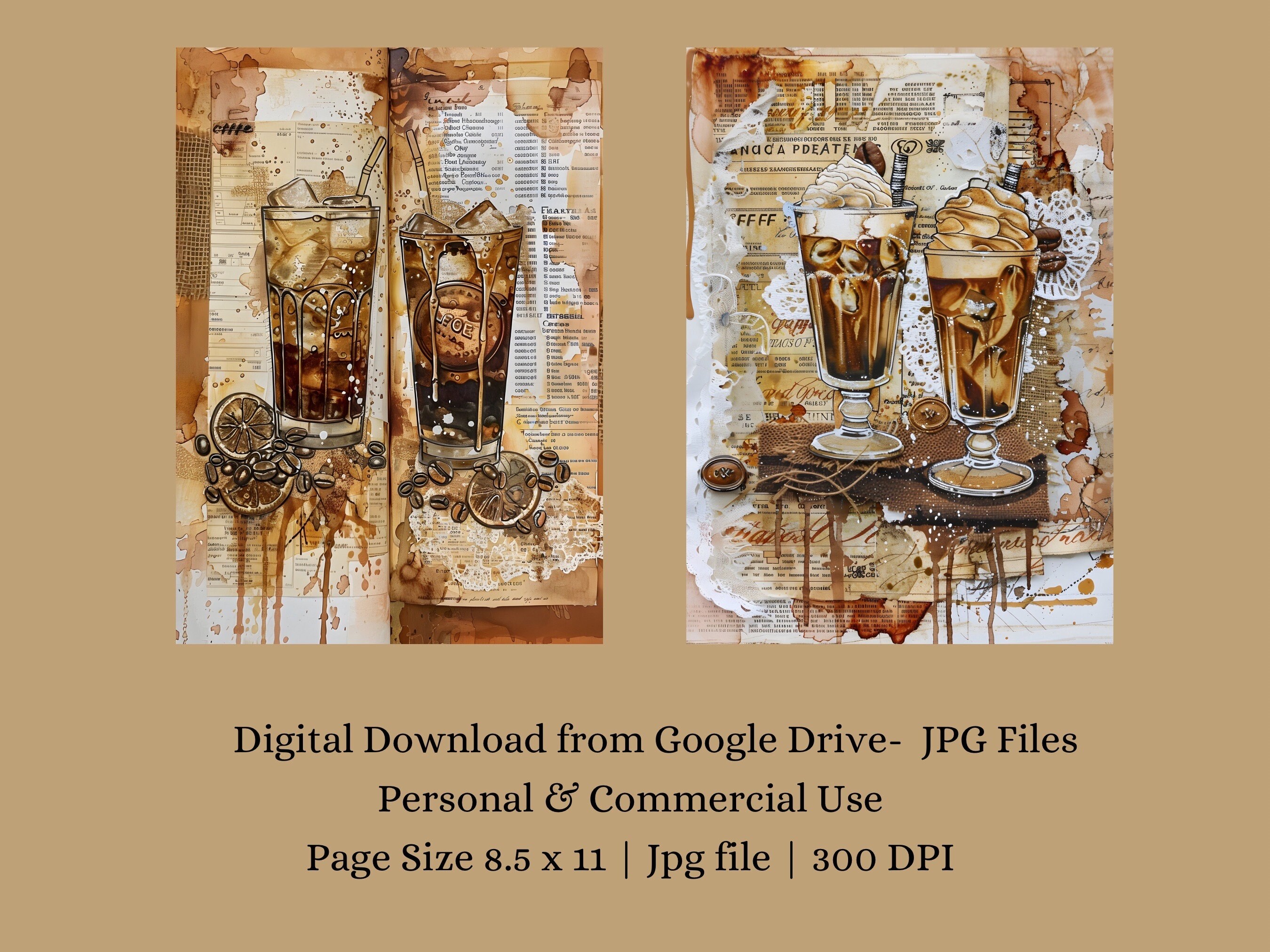 Vintage Coffee Art Digital Paper Pack, Junk Journal Pages, Commercial ...