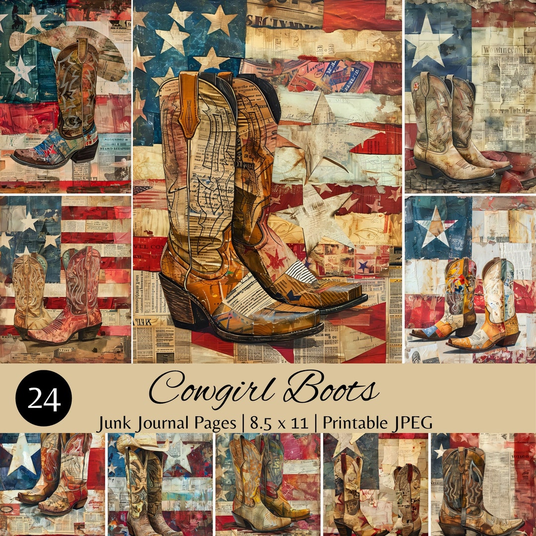 Digital Cowgirl Boots Junk Journal Pages, Printable Western Collage ...