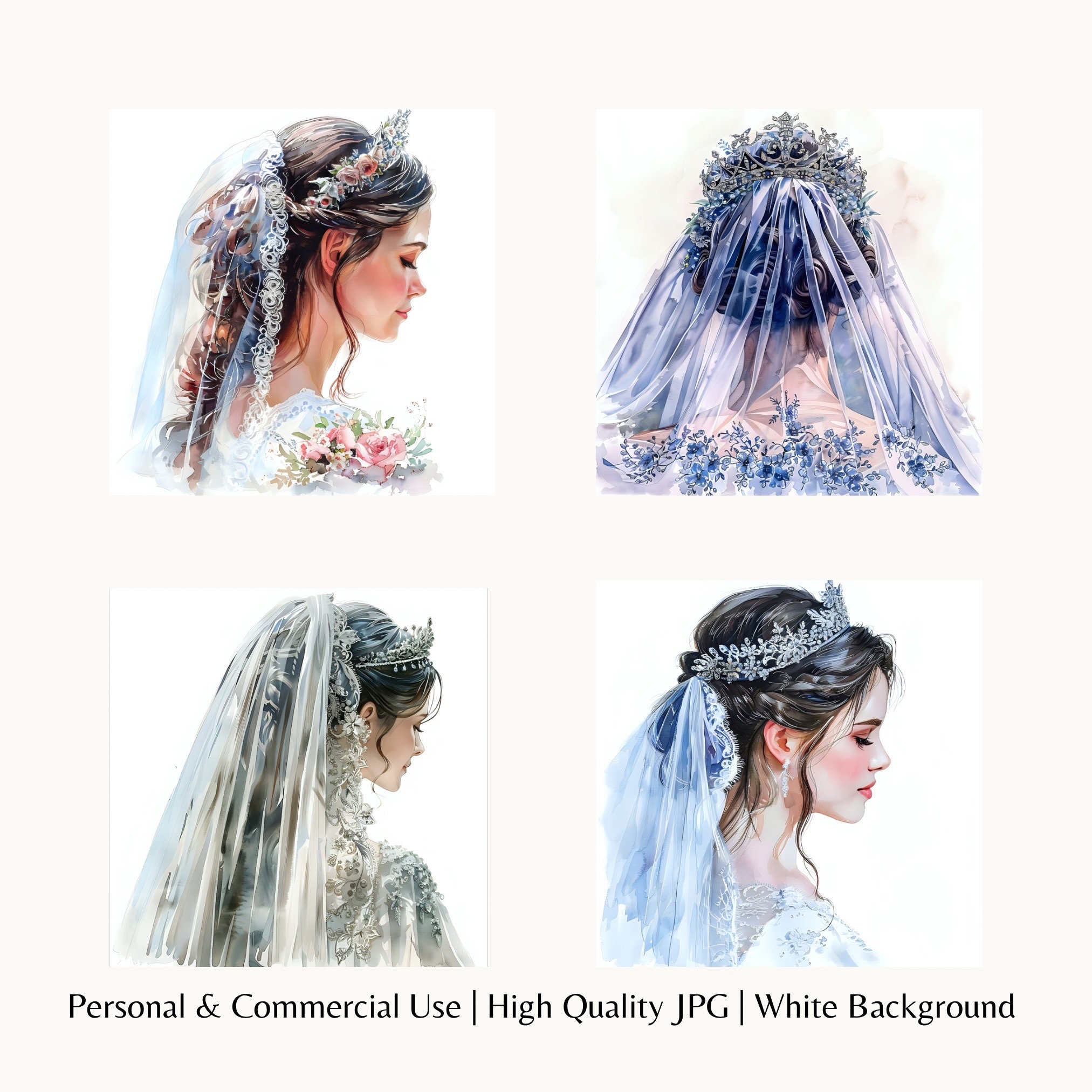 Bridal Veil and Tiara Watercolor Clipart, Wedding Day Illustration, JPG ...