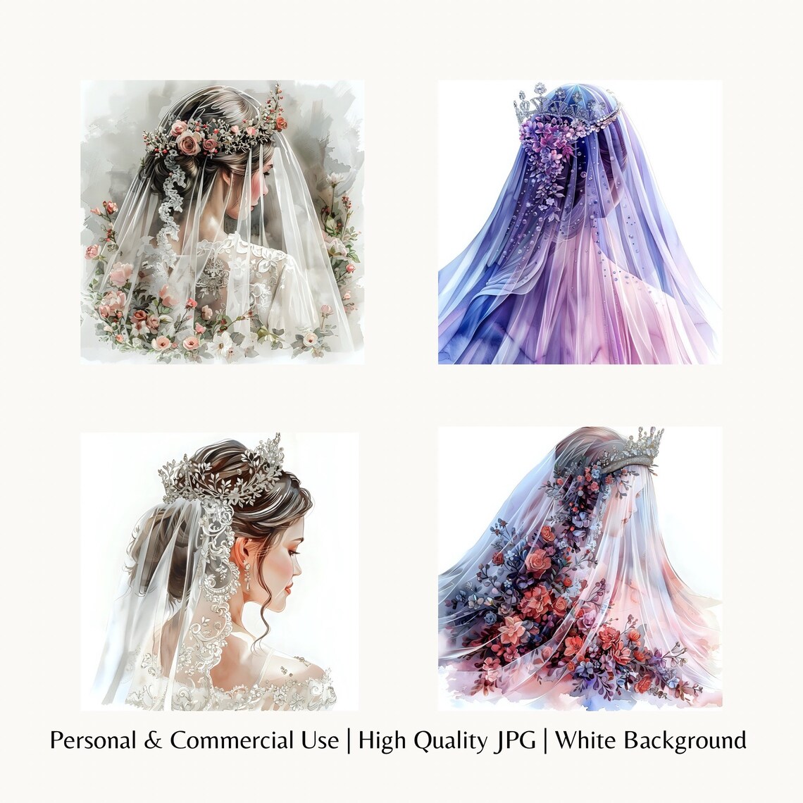 Bridal Veil and Tiara Watercolor Clipart, Wedding Day Illustration, JPG ...