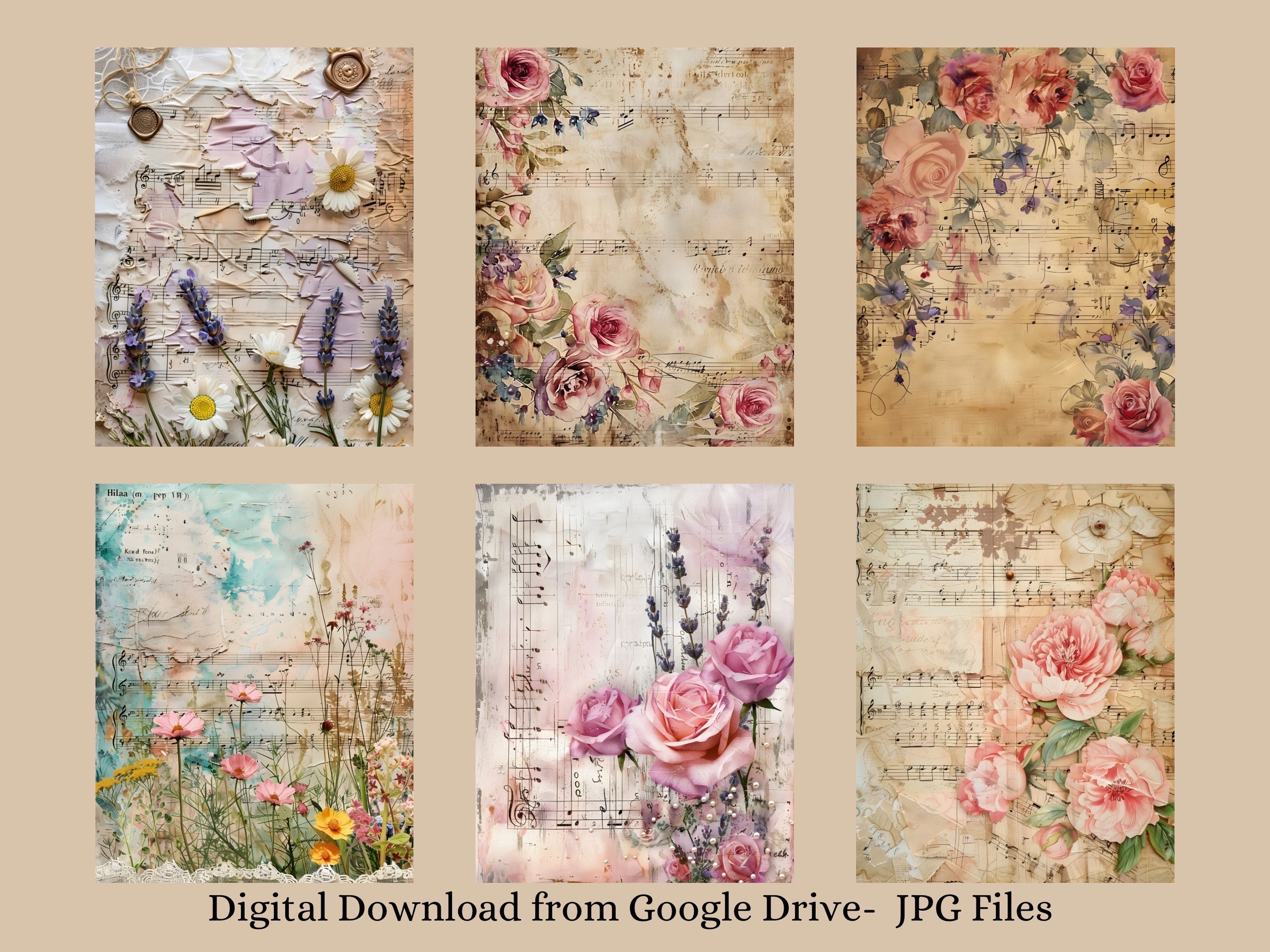 Vintage Floral Music Sheets, Printable Junk Journal Pages, 8.5x11 ...