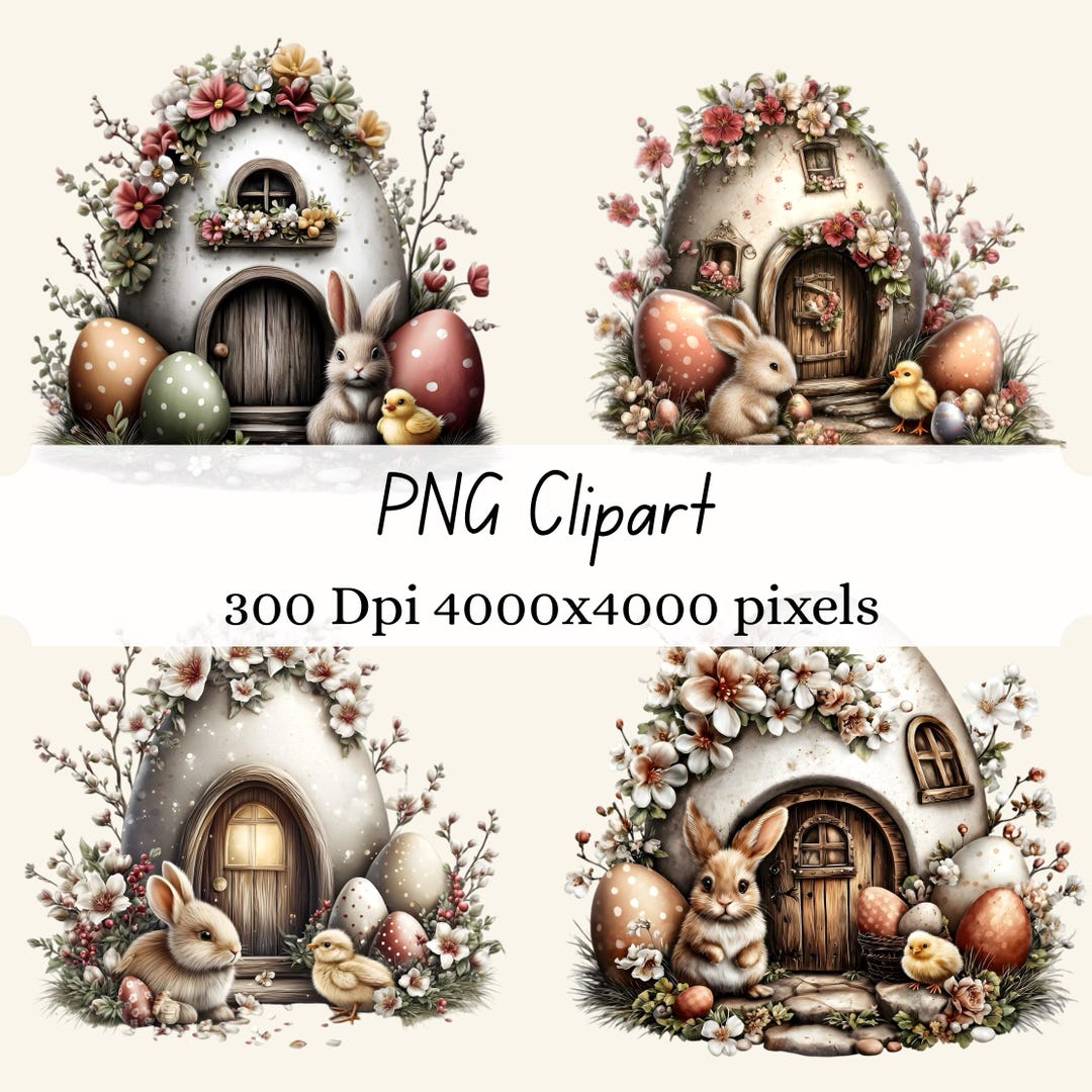 Easter Bunny Clipart, Egg House Png, Spring Chick Digital Art, Floral ...